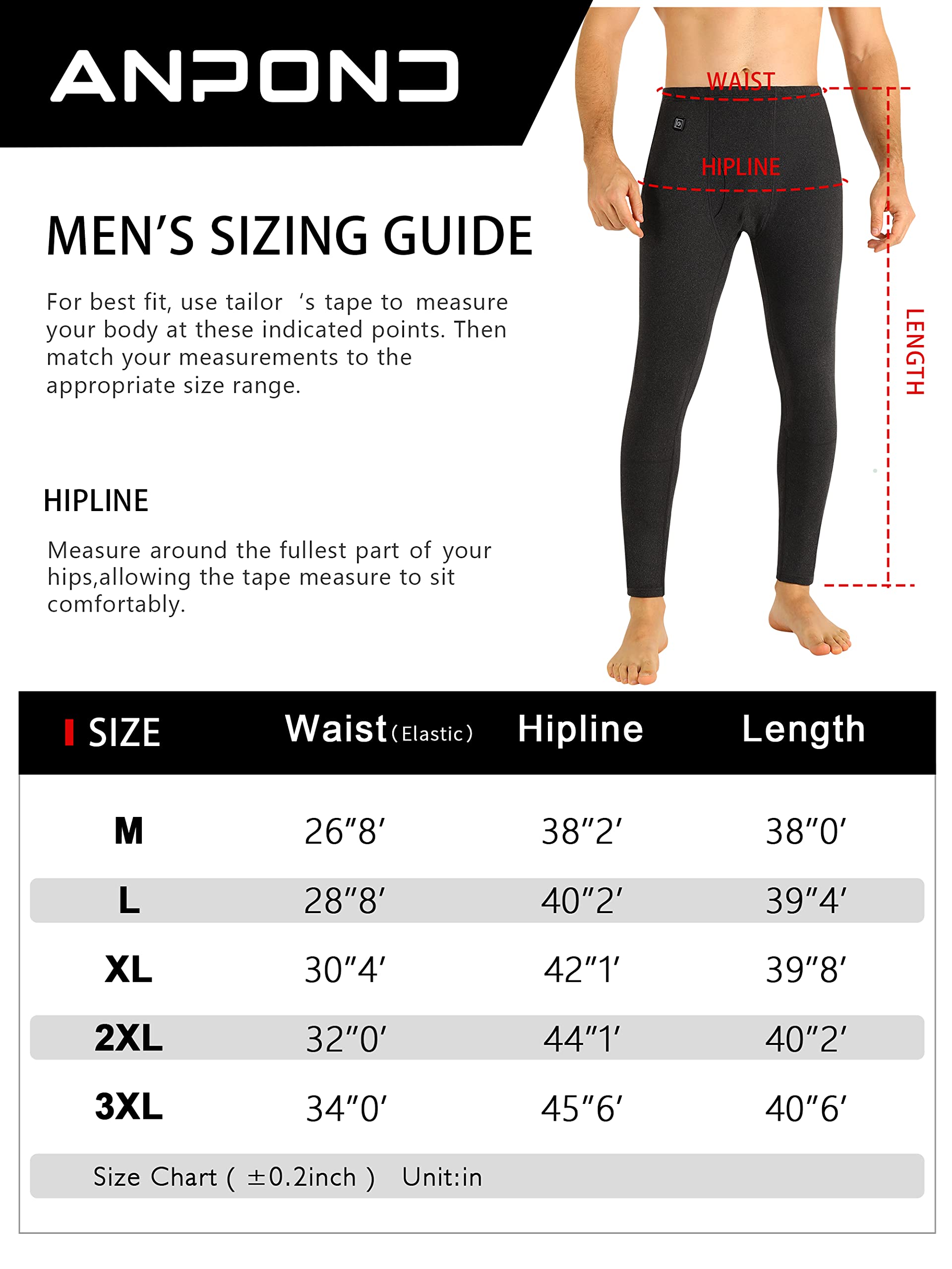 AnPond Electric Heated Pants for Mens with10000mAh Battery Pack;Winter Men's Thermal Plus Heated Underwear;3-Level Adjustment(L)