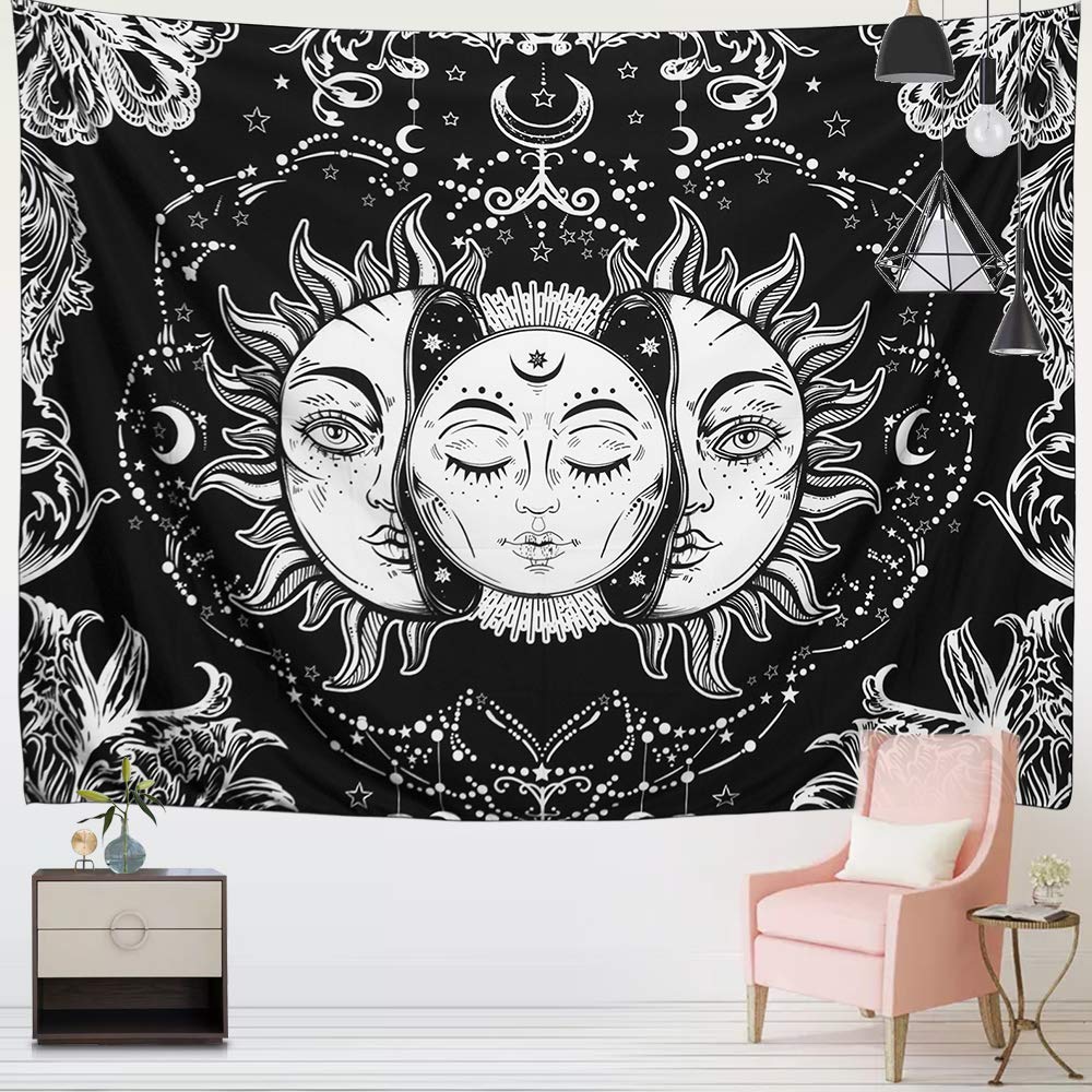 ARFBEAR Sun and Moon Tapestry, Burning Sun with Stars Psychedelic Popular Mystic Wall Hanging Tapestry Black and White Beach Blanket (Large-79 x 59 in),Dormitory