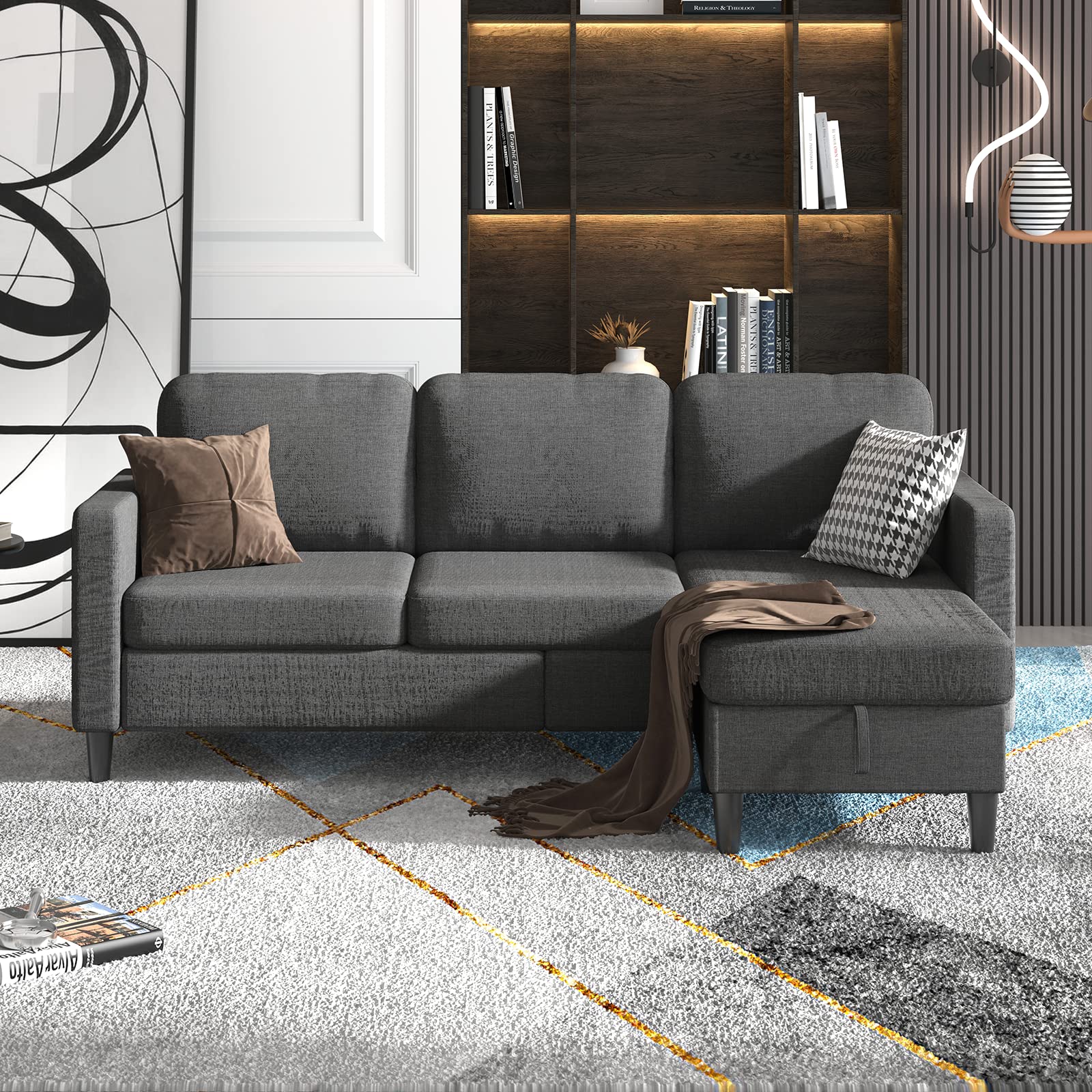 BALUS Sillones para Sala Convertible Sectional Sofa Couch,3-seat L-Shaped,Reversible Modern Couch with Movable Storage Ottoman Chaise, Free Combination Sofa for Living Room and Office(Dark Gray)