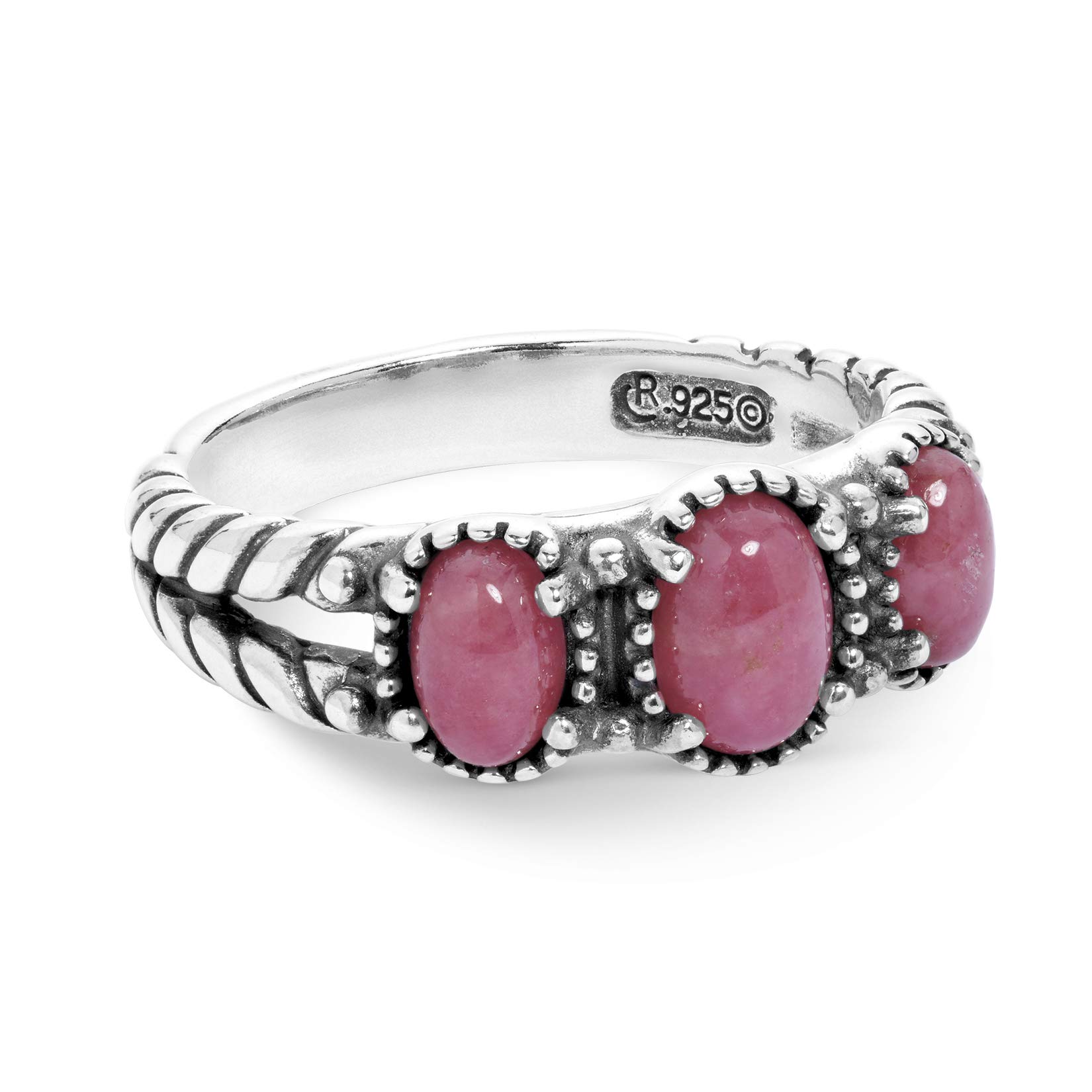 American West Sterling Silver Women's Ring Pink Rhodonite Gemstone 3-Stone Design Size 10