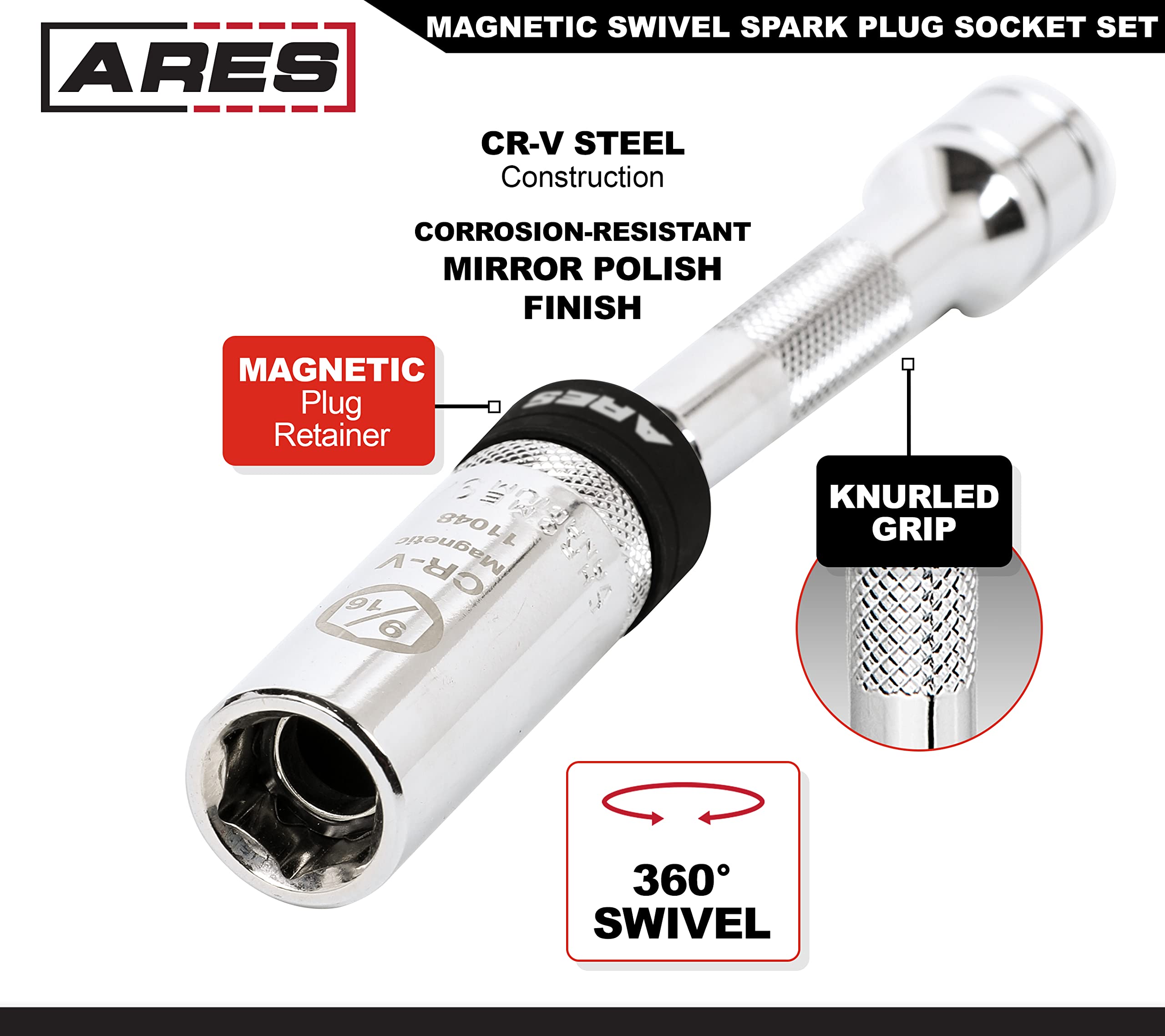 ARES 11014-5-Piece Magnetic Swivel Spark Plug Socket Set - Includes 14mm Thin Wall Socket, 9/16 6-inch Extension Socket, and 5/8 Sockets with 4-, 6-, and 10-inch Extensions