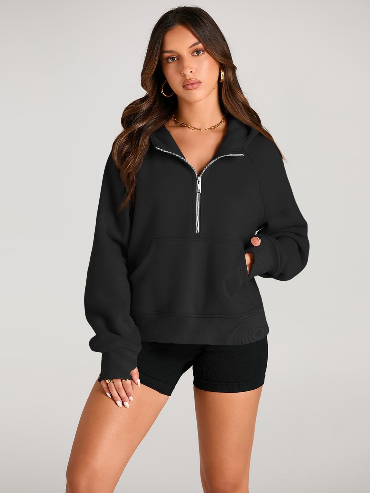 AUTOMET Hoodies Sweatshirts for Women Cropped Quarter Half Zip Up Jackets Pullover Sweaters Trendy Fall Outfits Winter Clothes 2024 Black