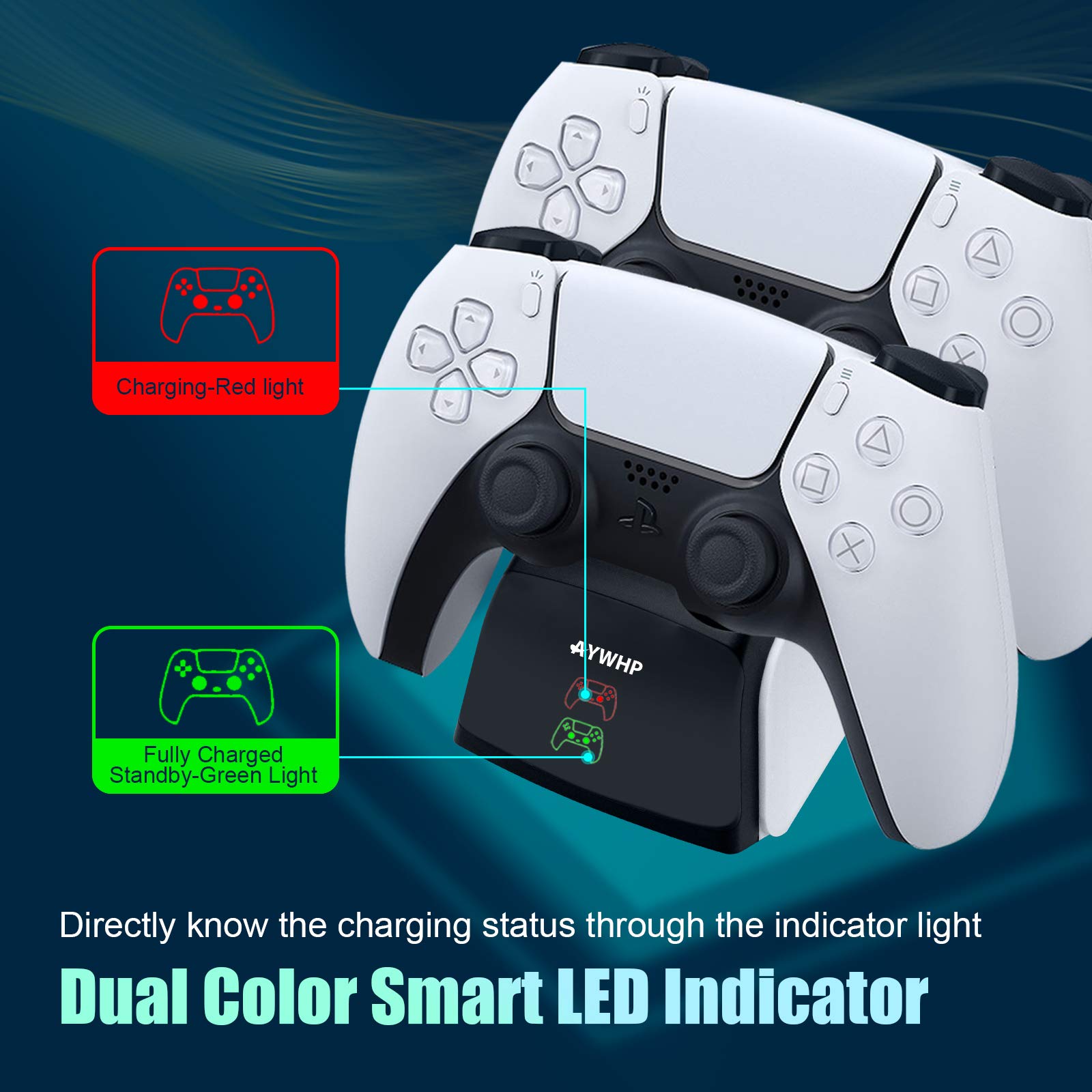 AYWHP Upgraded PS5 Controller Charger, Charging Dock Station with LED Indicators, Fast Charging Station with Safety Chip Protection for Playstation 5 Dualsense Controllers, White