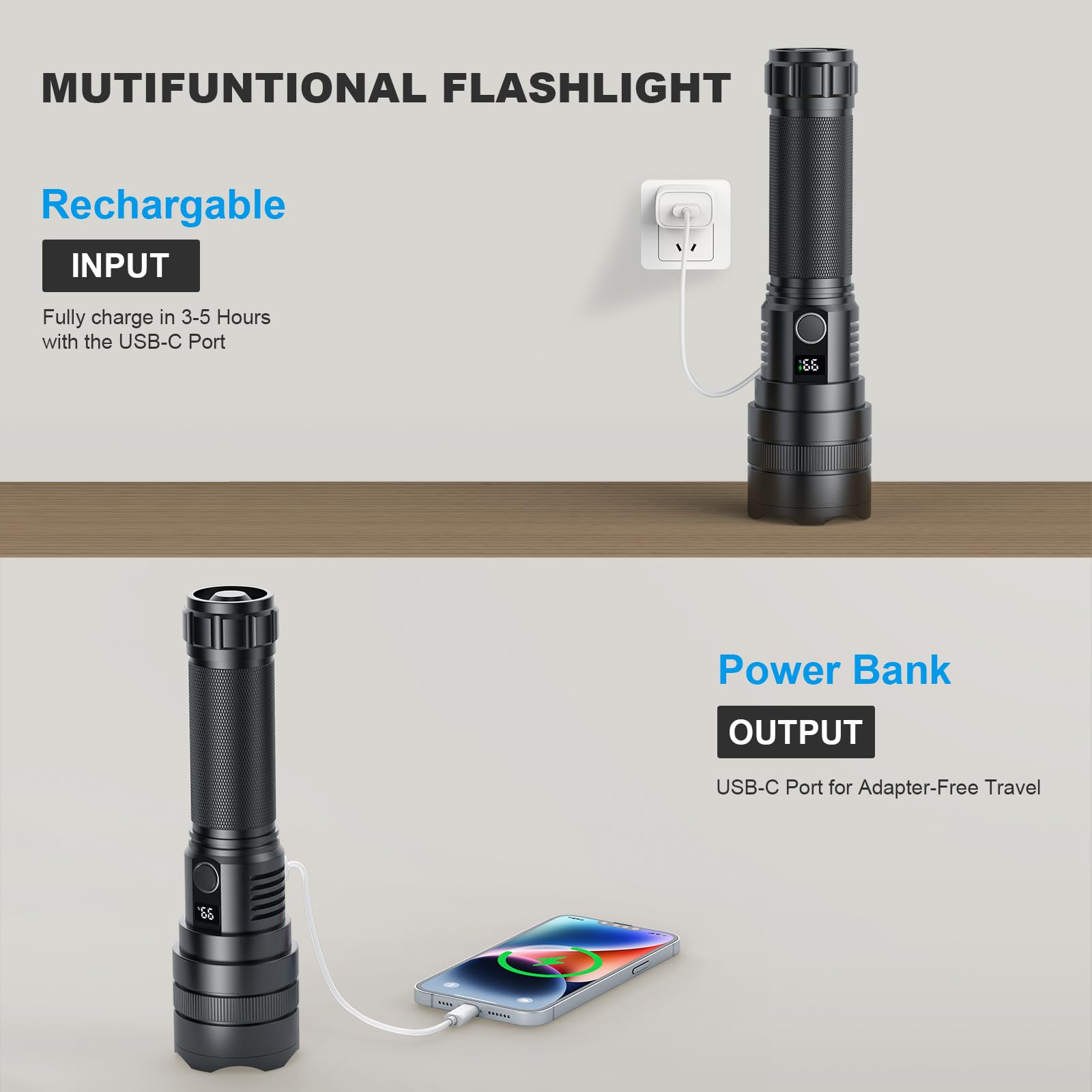 ALSTU Rechargeable Flashlights High Lumens, 990,000 Lumen Bright Flashlight with 5 Modes, Led Flash Light with Power Display & IPX7 Waterproof for Camping, Hiking, Outdoor (2 Packs)