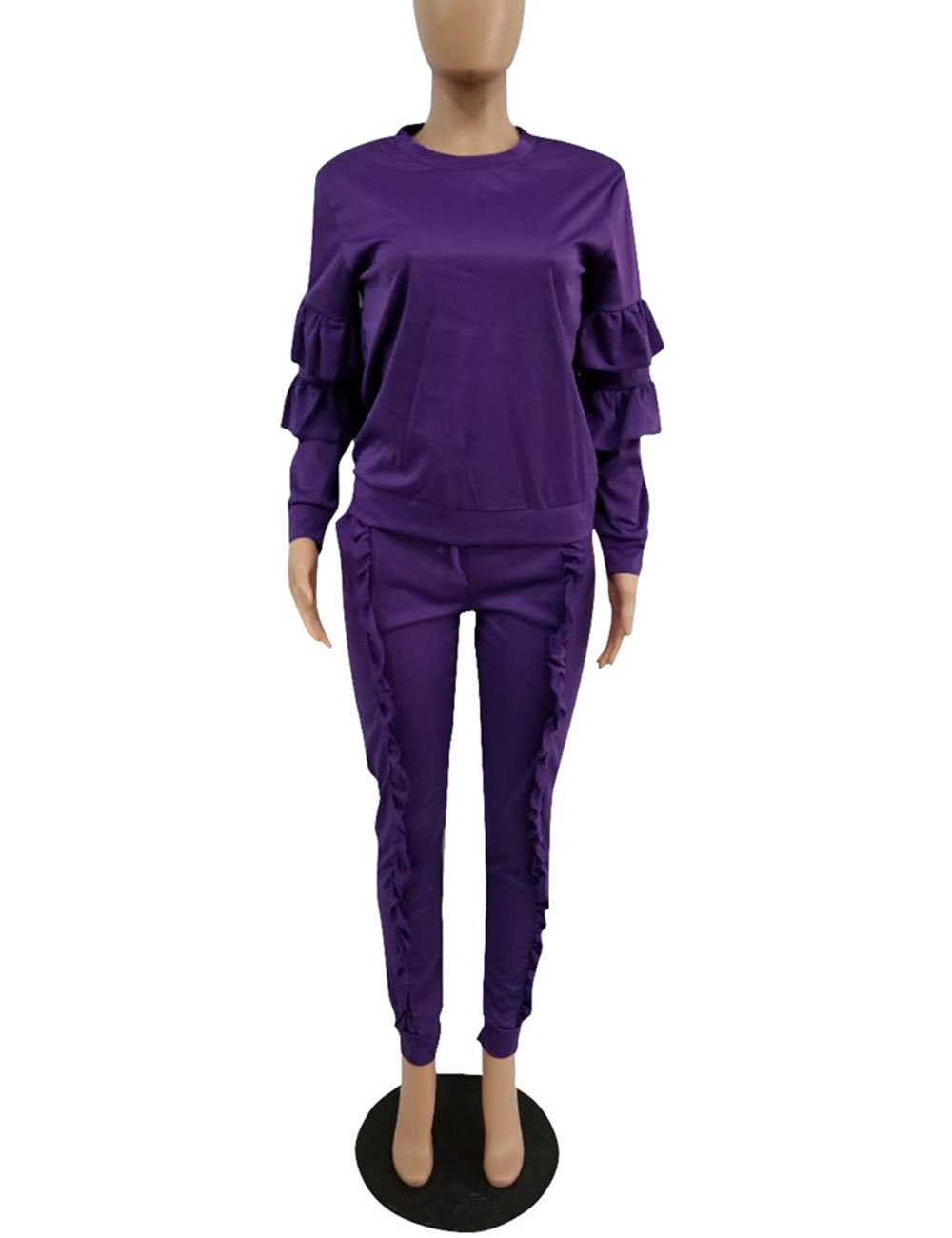 Akmipoem Casual Ruffle Two Piece Outfits Pullover Tops and Pants Jumpsuit Set for Ladies Purple XL