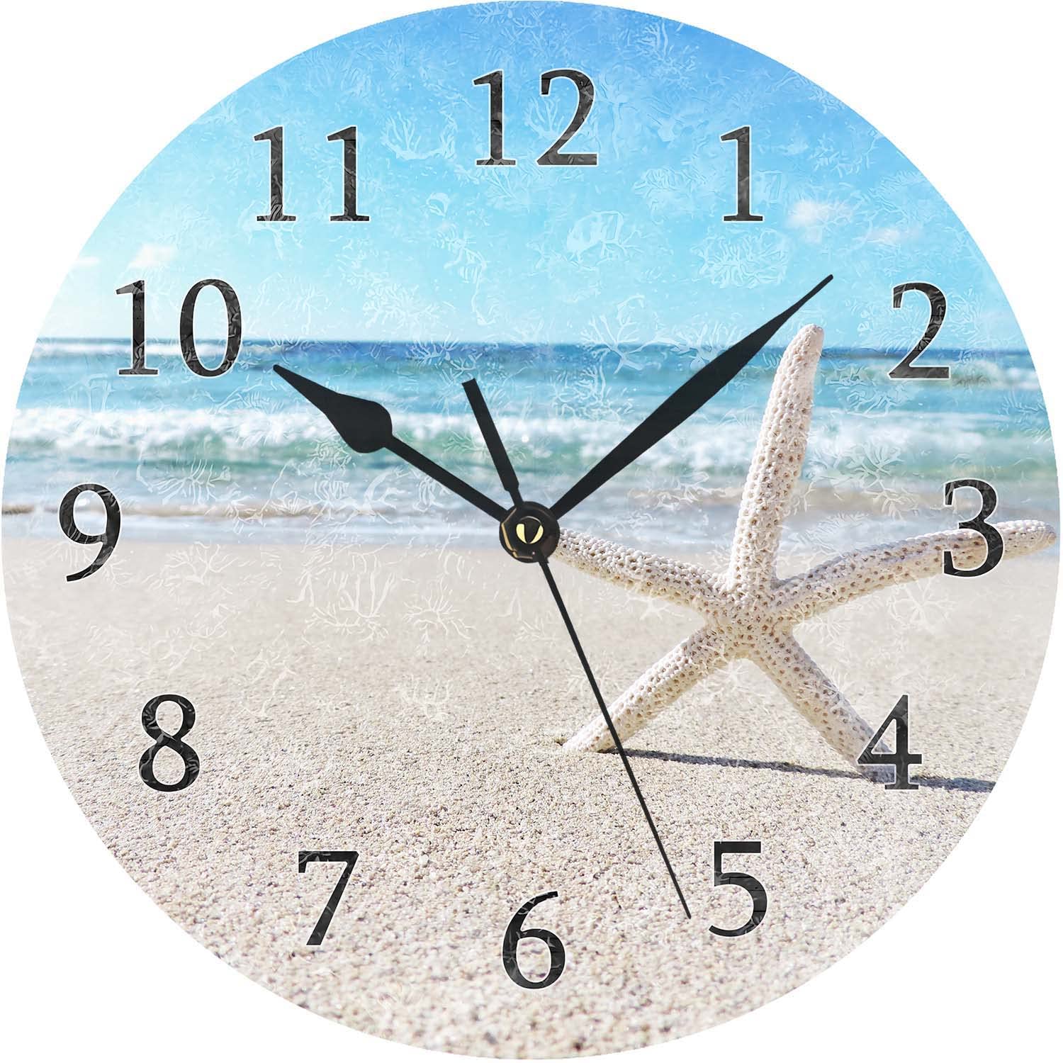 ATEDEANEI Wall Clock for Bathroom,Silent Battery Operated,Small Living Room,Kitchen,Bedroom Decor,10 Inch,Beach Sea Starfish
