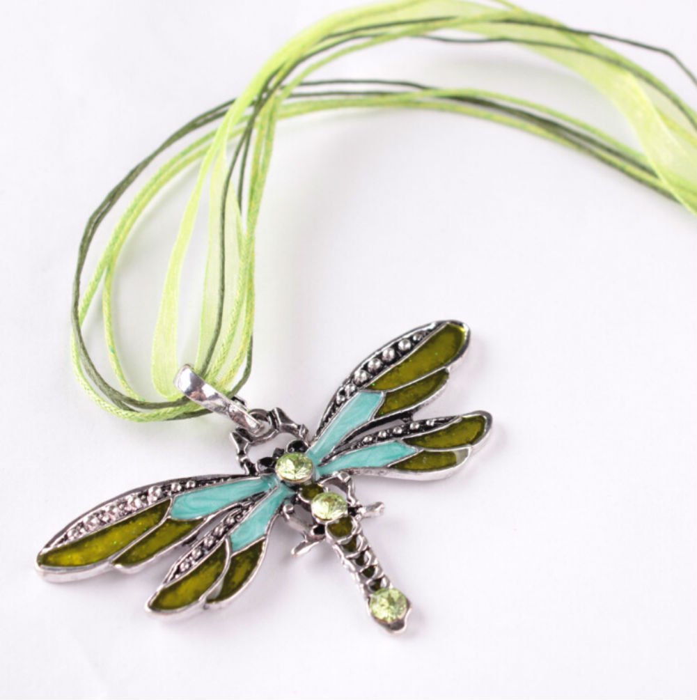 AKOAK Fashion Creative Bohemian Jewelry Ethnic Multi-layer Chain Colorful Enamel Dragonfly Pendant Necklace(Green)