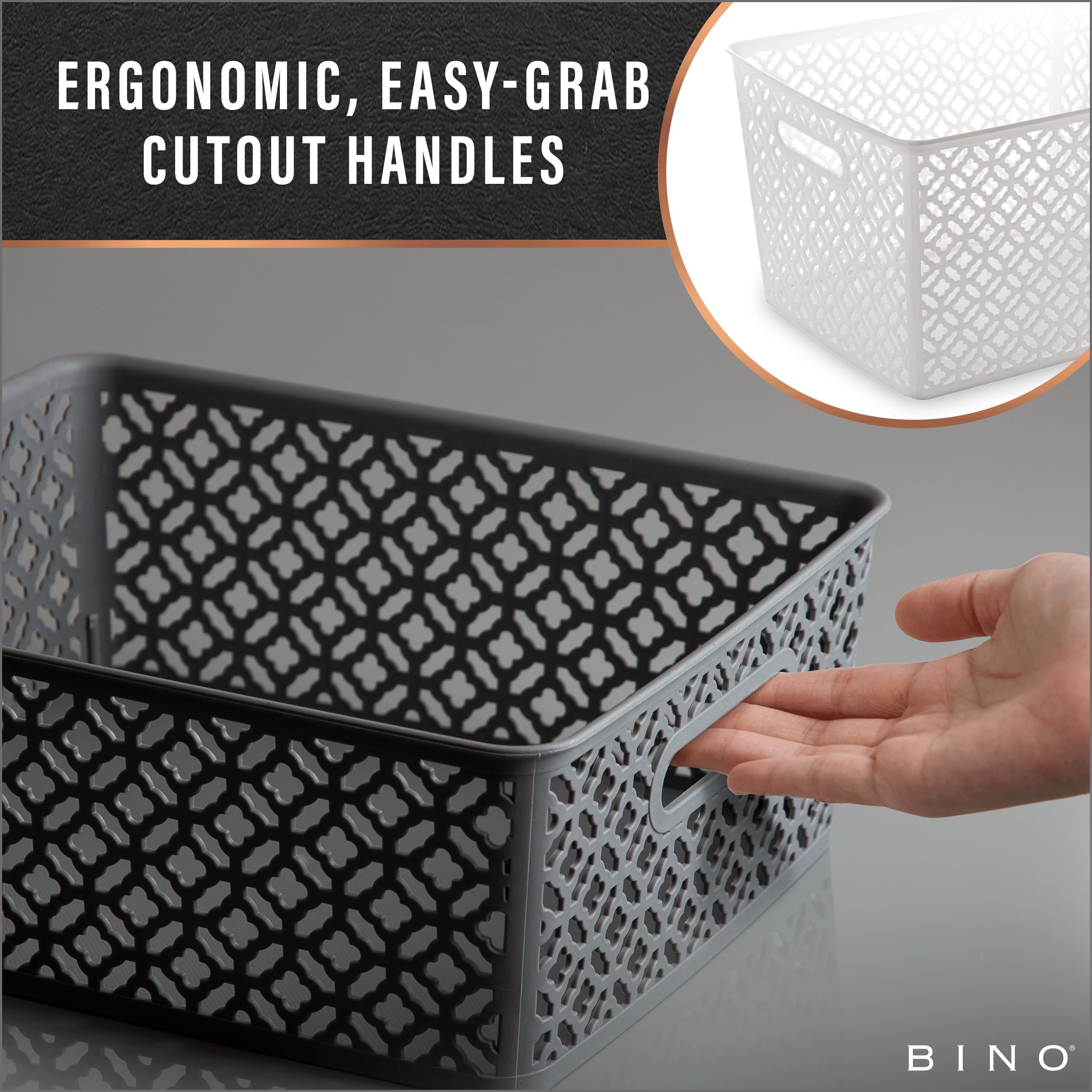 BINO l Plastic Storage Baskets, Large - Black | THE BLOSSOM COLLECTION l Multi-Use Organizer Bin l Built-in Handles l Plastic Woven Basket for Organizing l Pantry & Home Organizing Basket