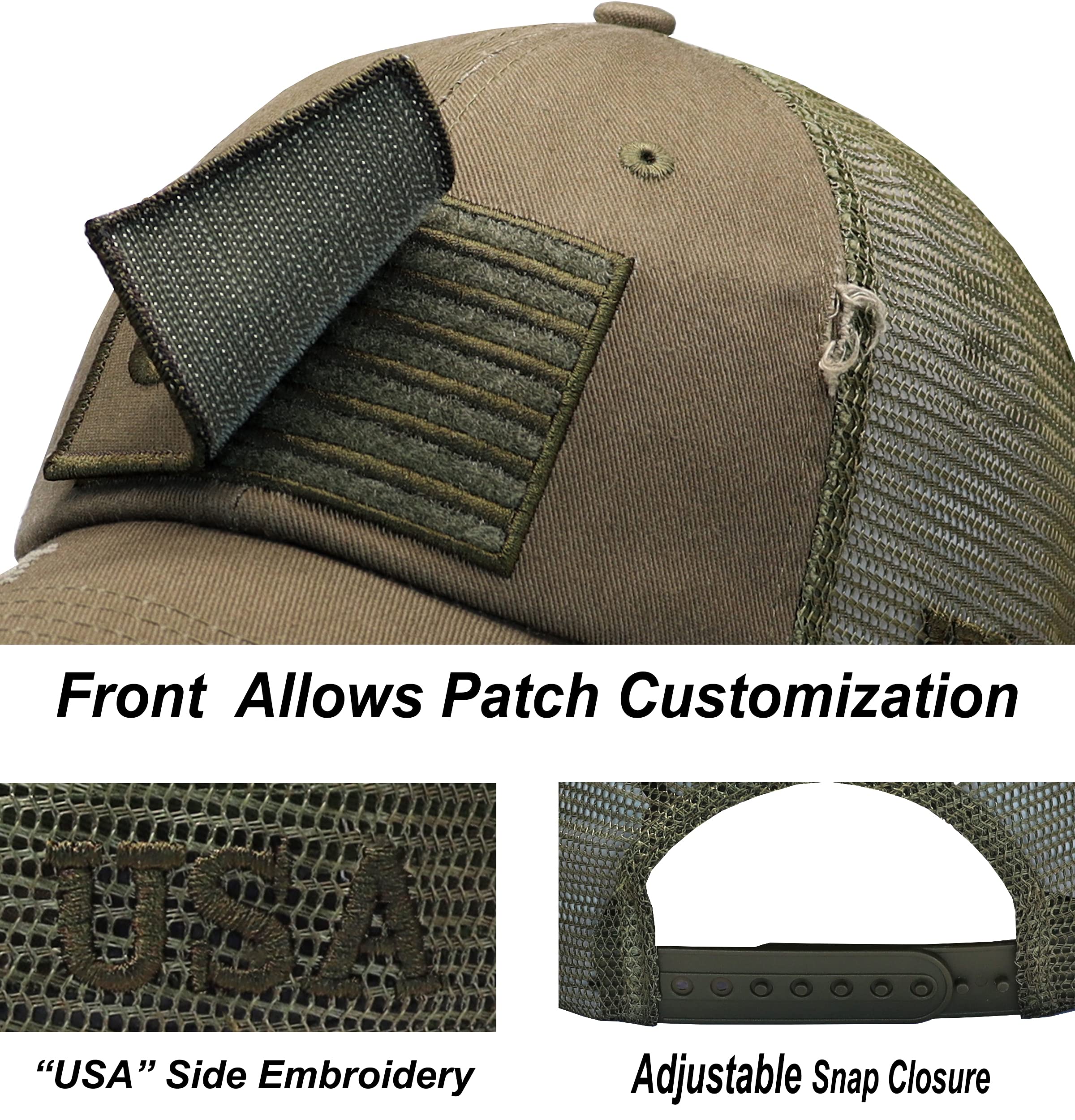 Antourage American Flag Unconstructed Hat for Men and Women Twill Mesh Snapback Baseball USA Flag Cap + 2 Patriotic Patches ((02) Olive Distressed Mesh Snapback)