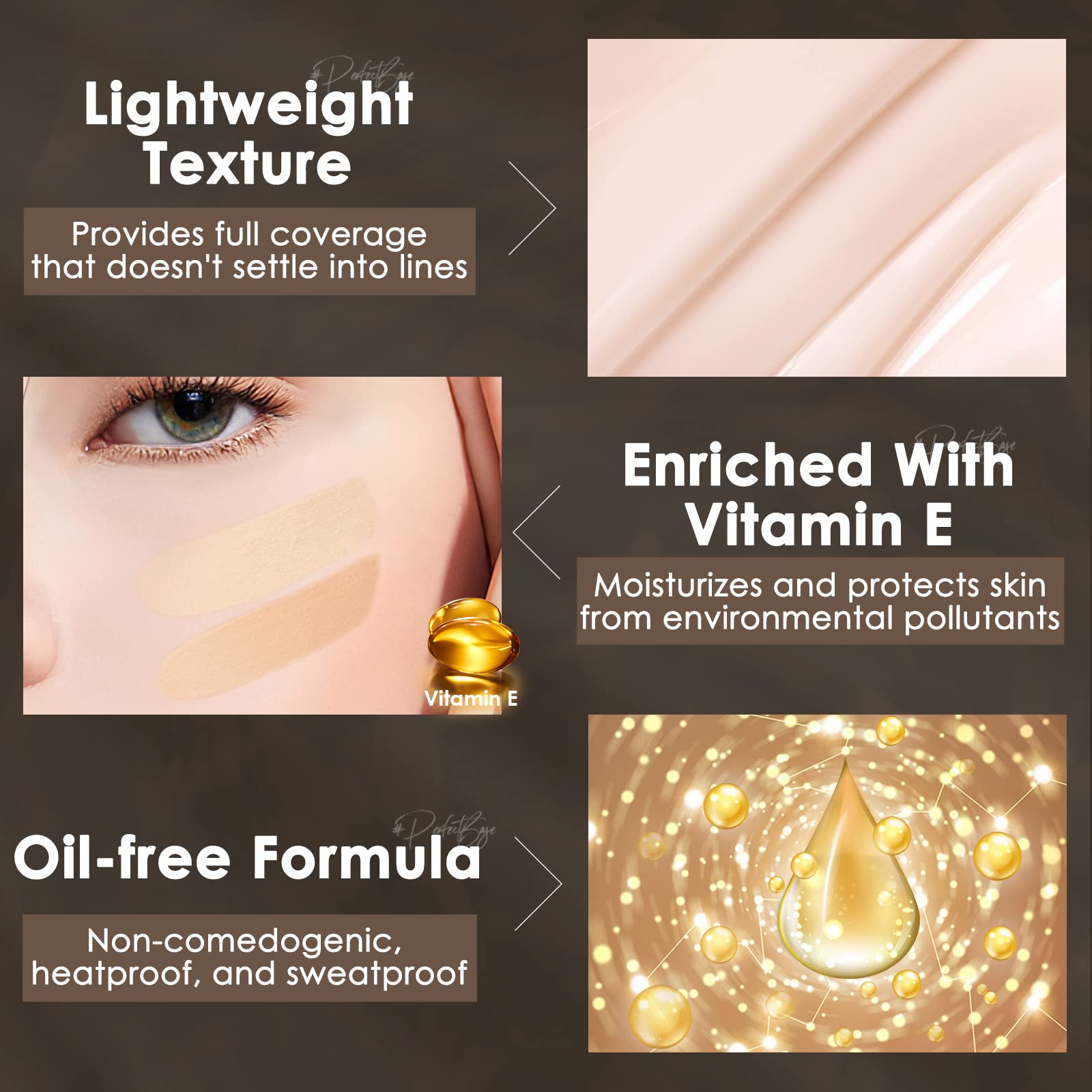 FOCALLURE PerfectBase Lasting Poreless Liquid Foundation, Medium to Full Coverage with Matte Finish, Covers Blemishes & Under-Eye Circles for All Skin Types, WP12 Dune