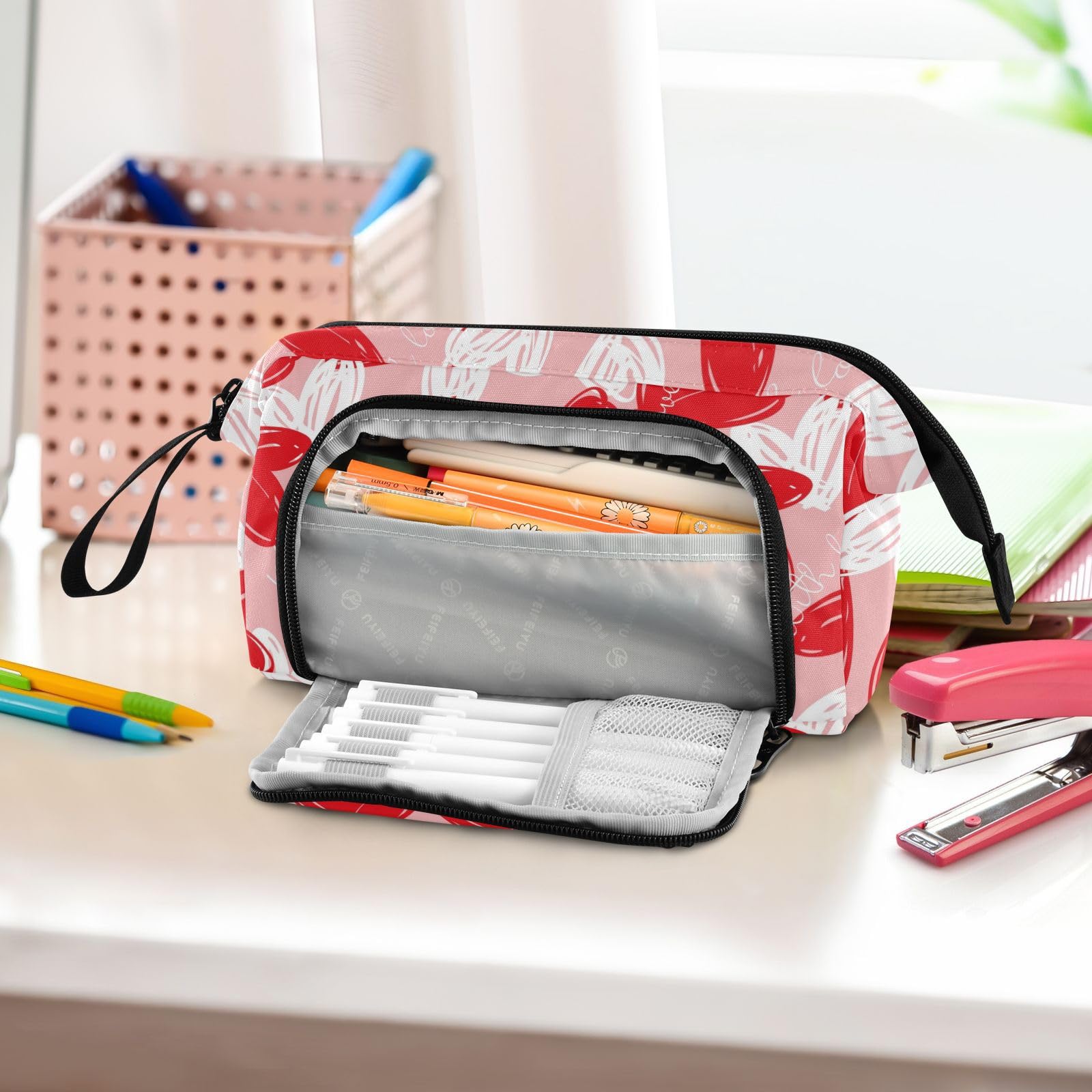Bolaz Big Capacity Pencil Pen Case Pouch Bag School College Office Organizer for Teens Girls Adults Student-Valentine's Day Red White Hearts on Pink