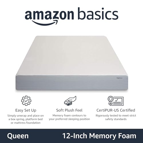 Amazon Basics Memory Foam Mattress, Soft Plush Feel, 12 Inch, Queen, White/Grey