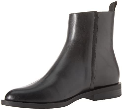 Amazon Essentials Women's Exterior Zip Flat Ankle Boot, Black Faux Leather, 5.5