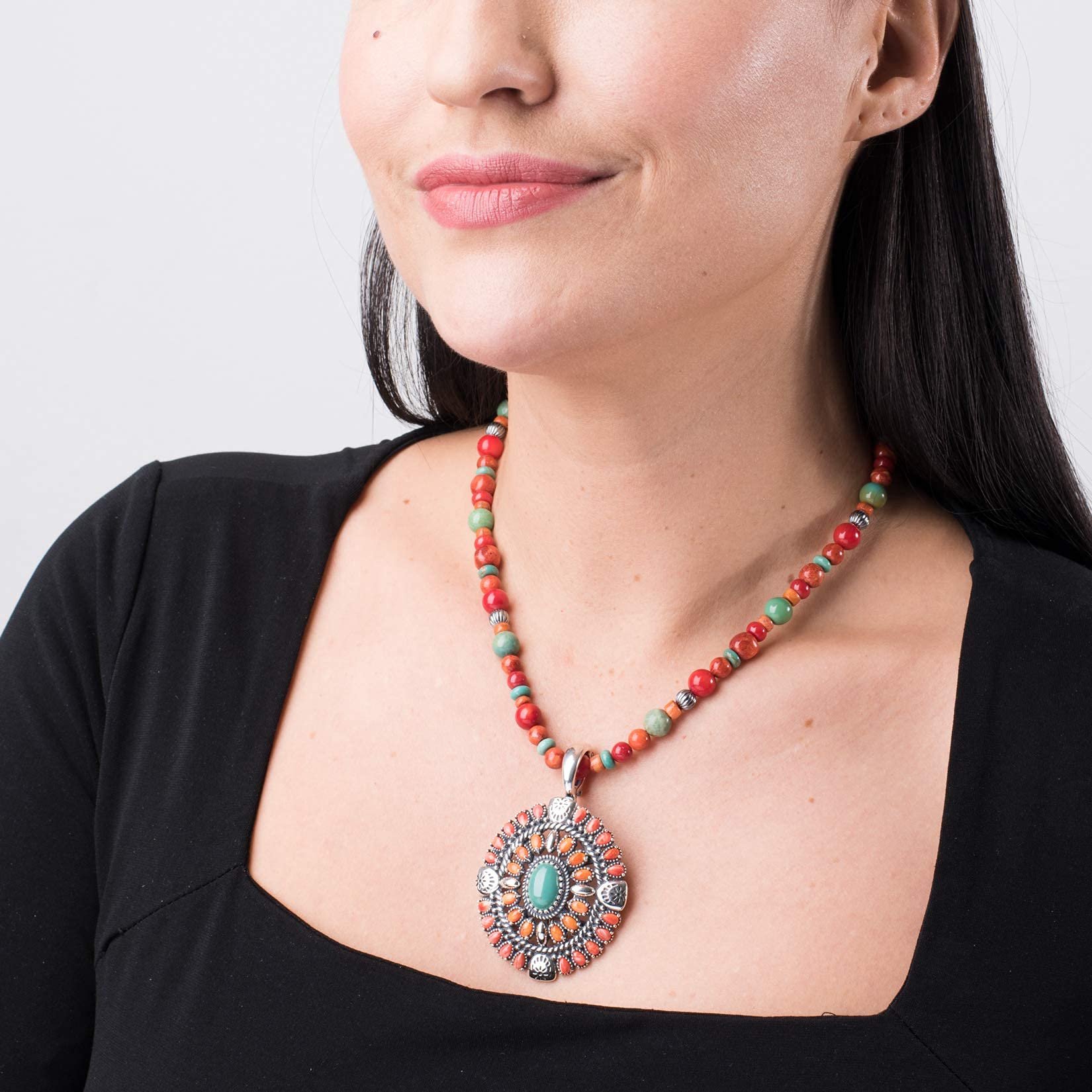 American West Sterling Silver Women’s Cluster Pendant Necklace Green Turquoise, Orange and Red Spiny Gemstone Beaded 17 Inch