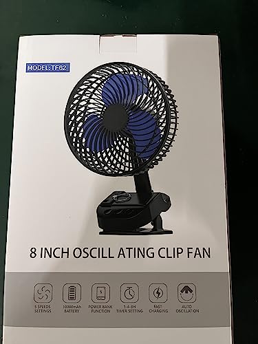 ATEngeus 4 in1 USB Fan, 8” Clip Fan, 10000mAh Rechargeable Table Fan, 5 Speeds Battery Operated Fan, 45°/90° Automatic Rotation, 3 Time Setting, with Clip & Hook for Homes, Offices, Bedroom