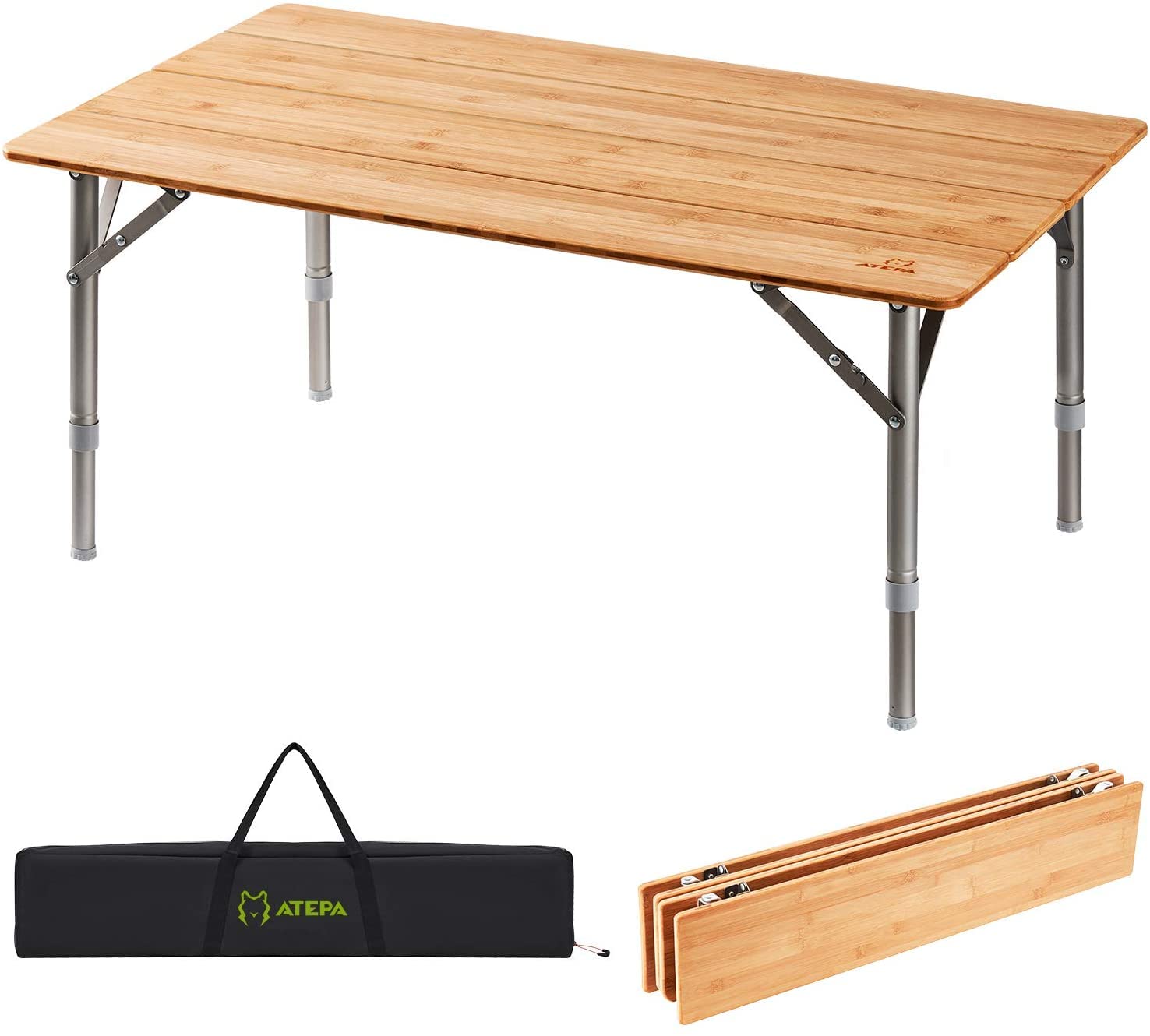 ATEPA Bamboo Folding Table Portable Camping Table with Carry Bag Heavy Duty Adjustable Height Bamboo Table, Easy to Carry and Clean, Great for Outdoor Picnic Beach Backyard, 31.5"(L) x 23.6"(W)