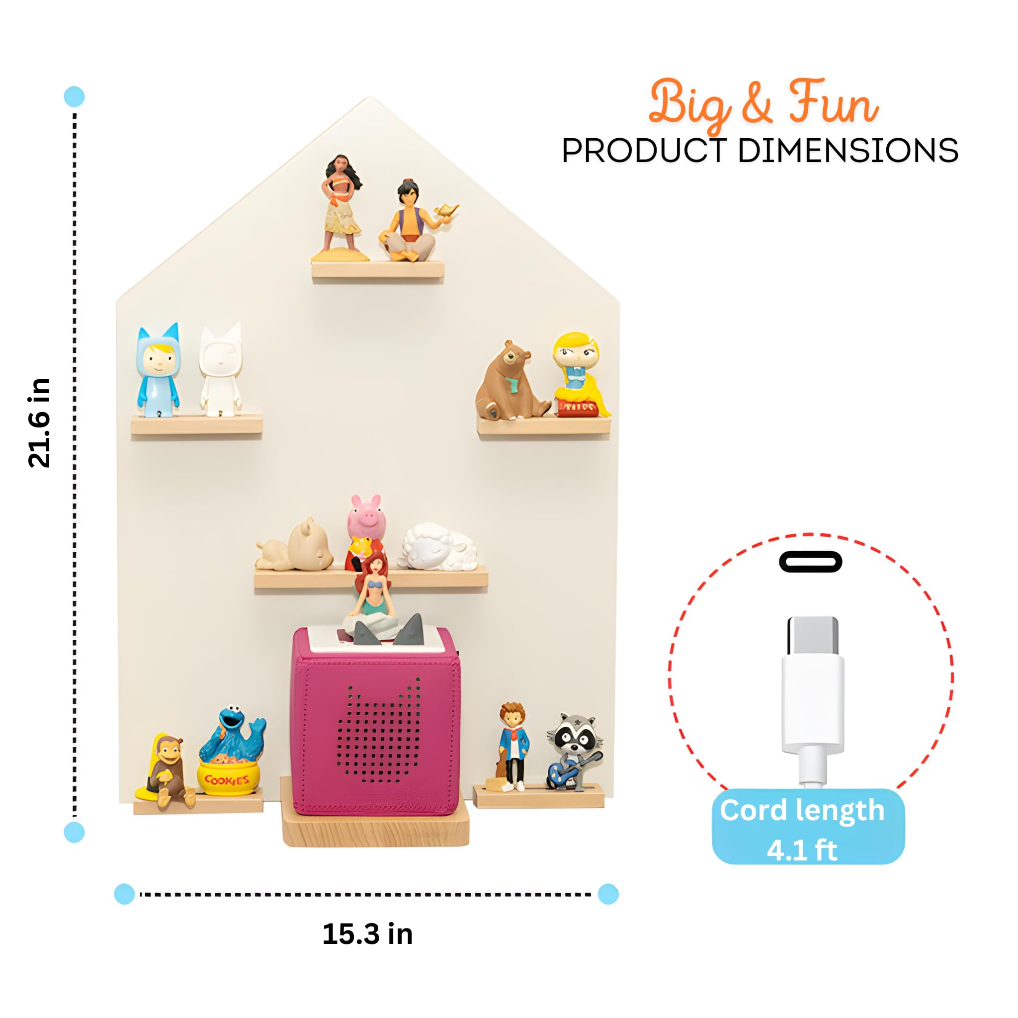 BigStep Large LED Magnetic Shelf Compatible with Toniebox, Tonies Figures, Tonies Characters and Other Tonies Accessories - Use as Wall Shelf or Free Standing - Integrated Warm-White LED Strip