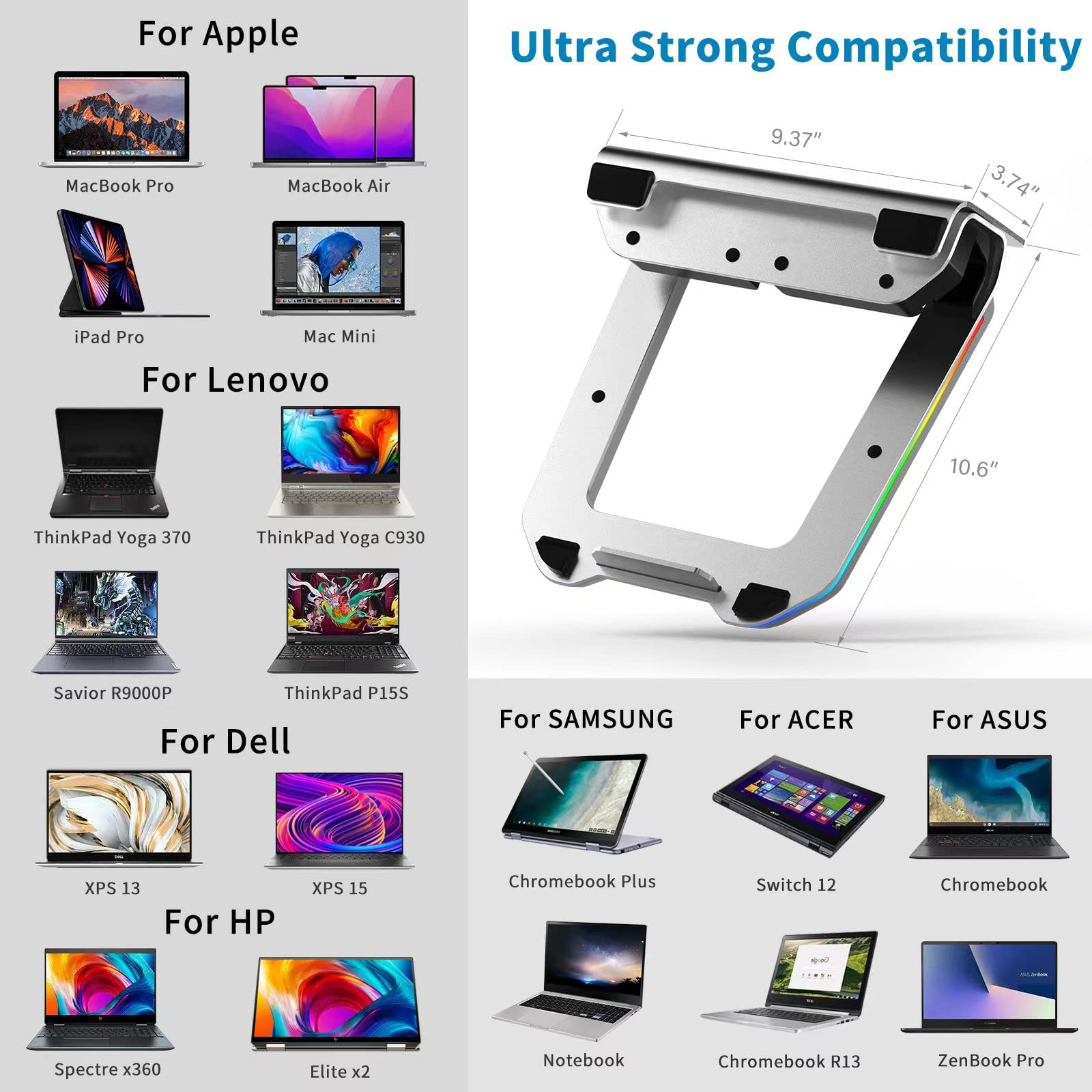 ARGB Lights Laptop Stand with USB C 8 in 1 HUB, Aluminum Laptops Computer Stand, HDMI, USB 3.0, USB 2.0, RJ45 Ethernet, SD, TF, Type C PD