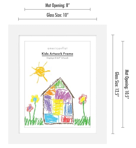 Americanflat 10x12.5 Kids Art Frame - Front Loading Picture Frame - Use as 8.5x11 Frame with Mat or 10x12.5 Frame Without Mat - My Mini Masterpiece - Holds 100 Artworks - White
