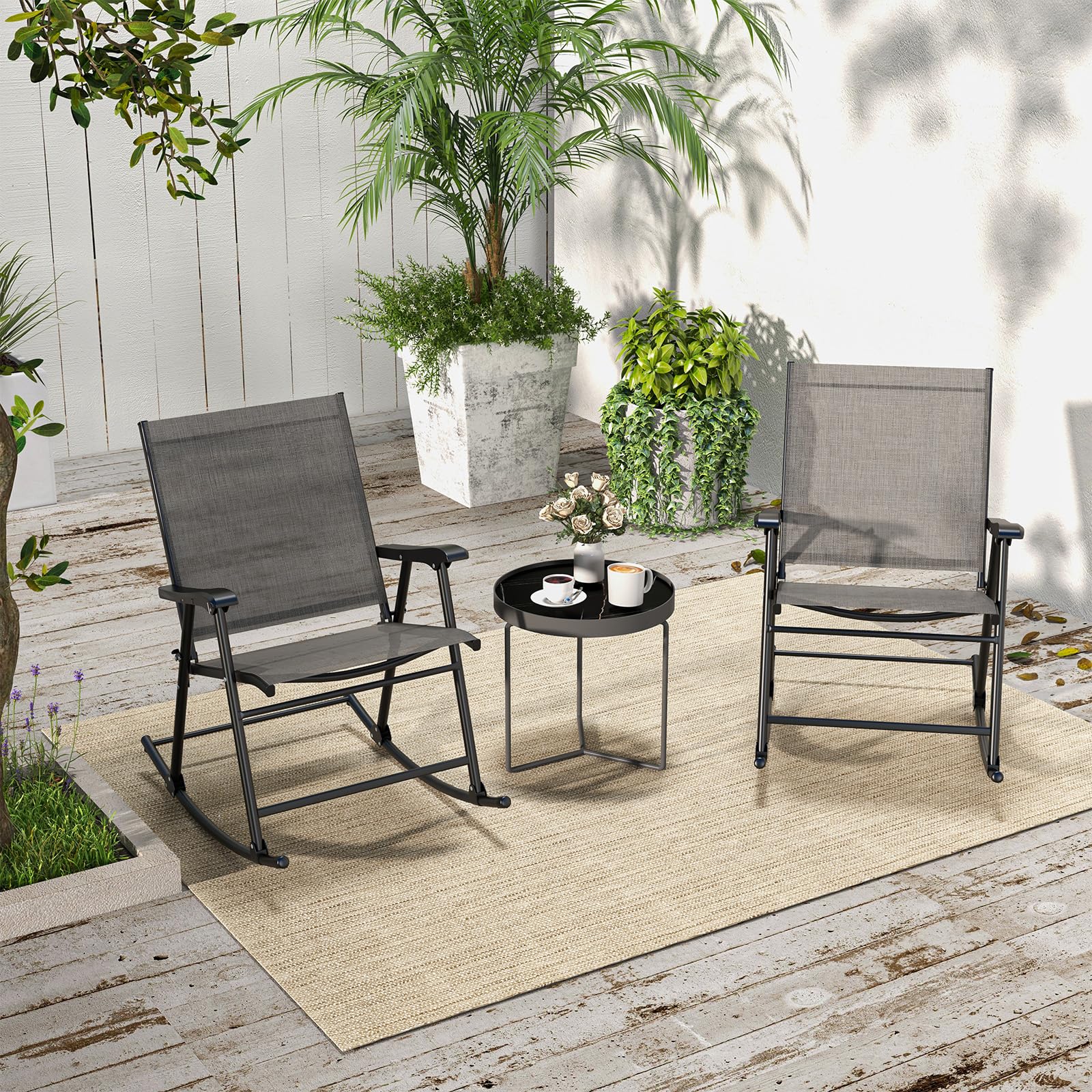 Giantex Folding Rocking Chairs Set of 2 - High Back Patio Rocking Chairs w/Armrests and Footrests, Breathable Back Rest, Portable Porch Rockers for Camping, Garden, Yard, Lawn, Max Load 330 LBS