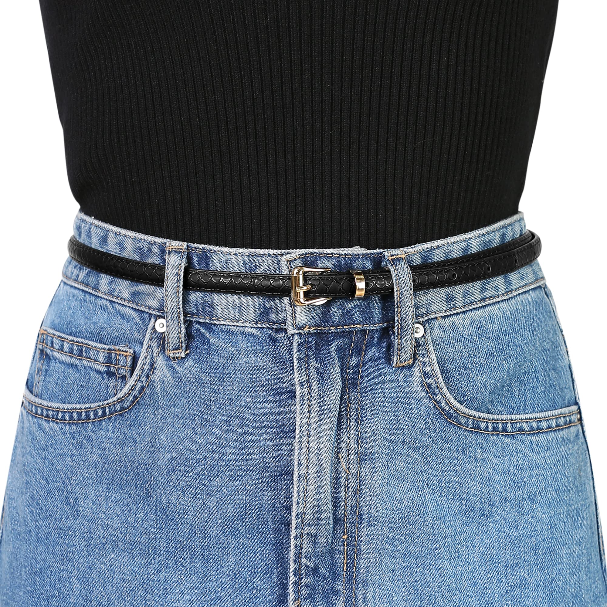Allegra K Womens Skinny Embossed Leather Belts Alloy Pin Buckle Belt for Jeans Dresses Pants 104cm/41'' Black