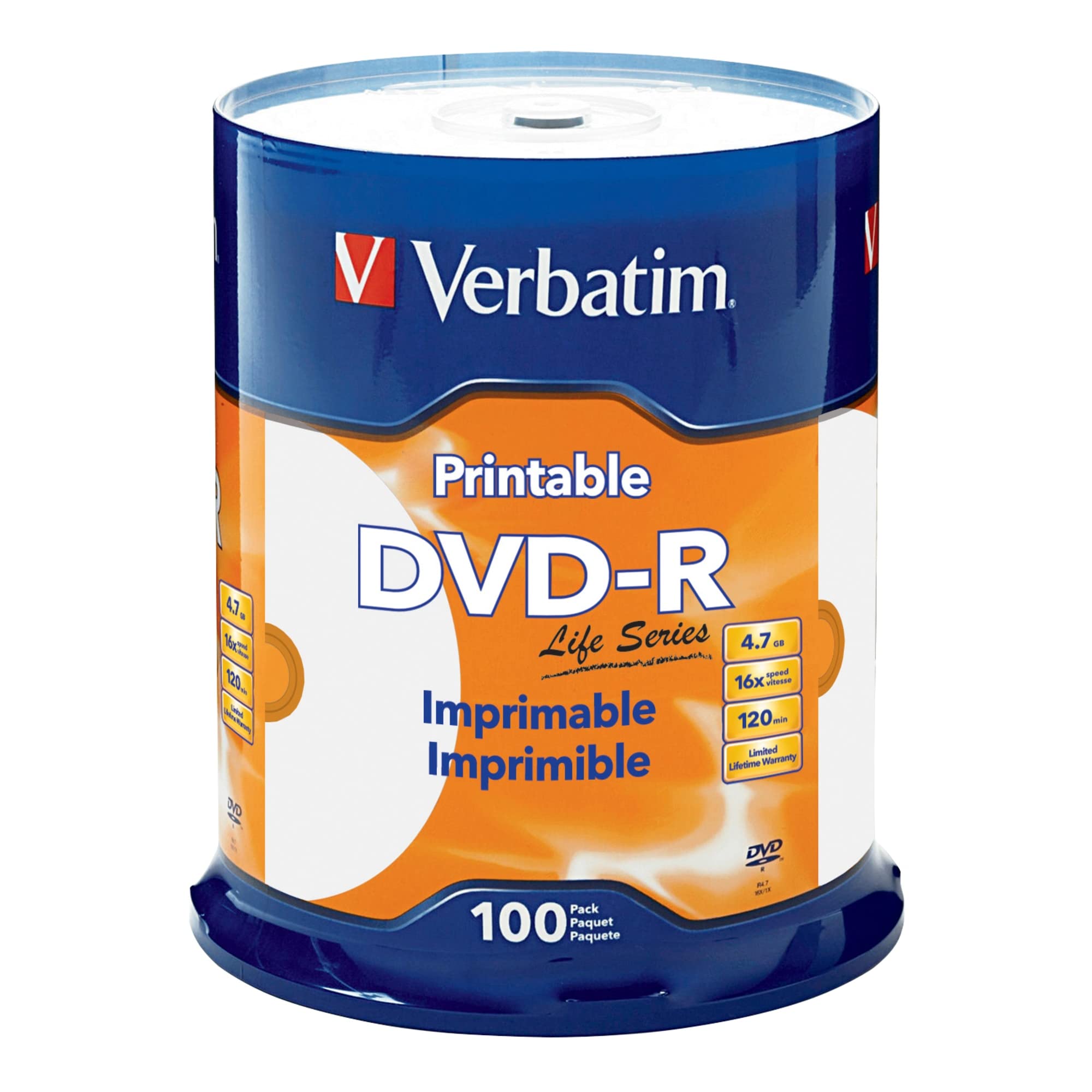 VerbatimÂź Life Series DVD-R Printable Disc Spindle, Pack Of 100
