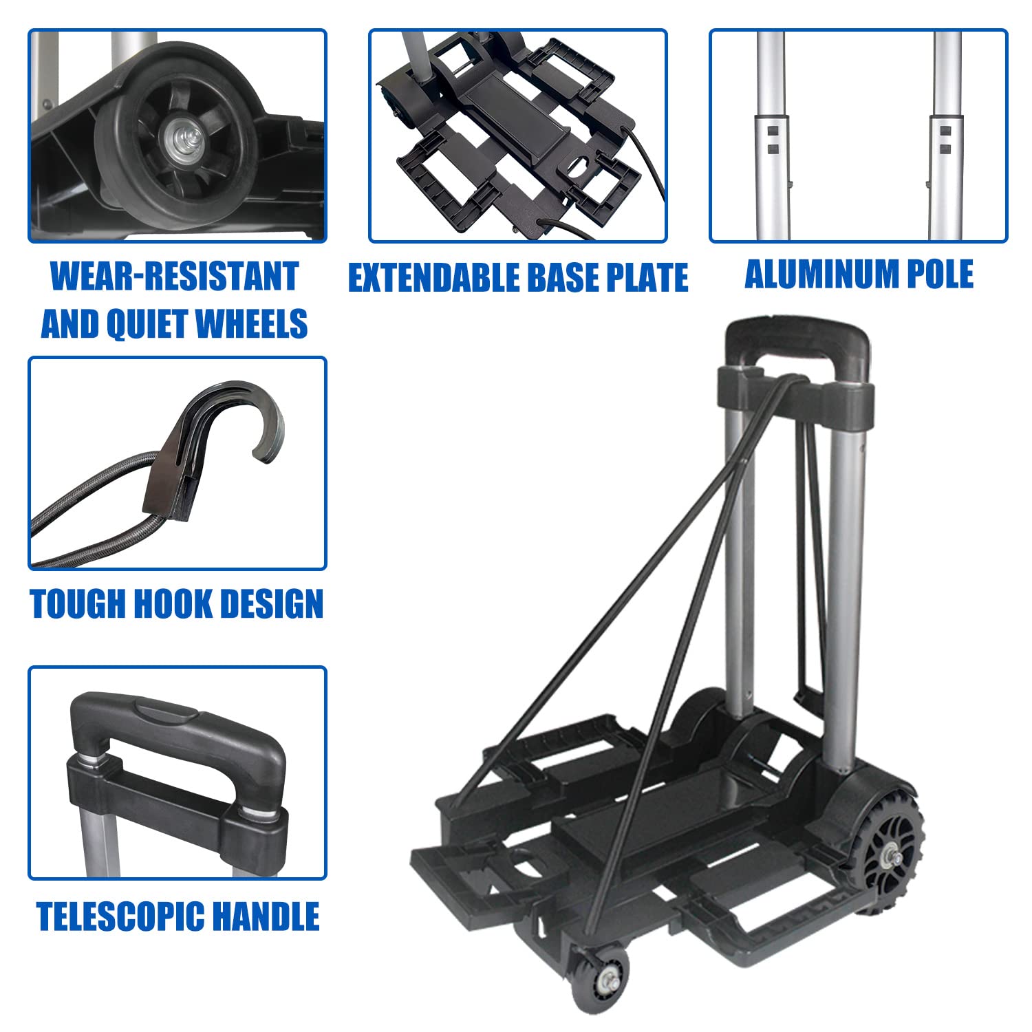 APOXCON Folding Hand Truck, Lightweight Aluminum Luggage Cart with 4 Wheels & Adjustable Handle, 160 lbs Capacity Foldable Dolly Cart for Moving Home Office Shopping Travel Use, Compact and Portable