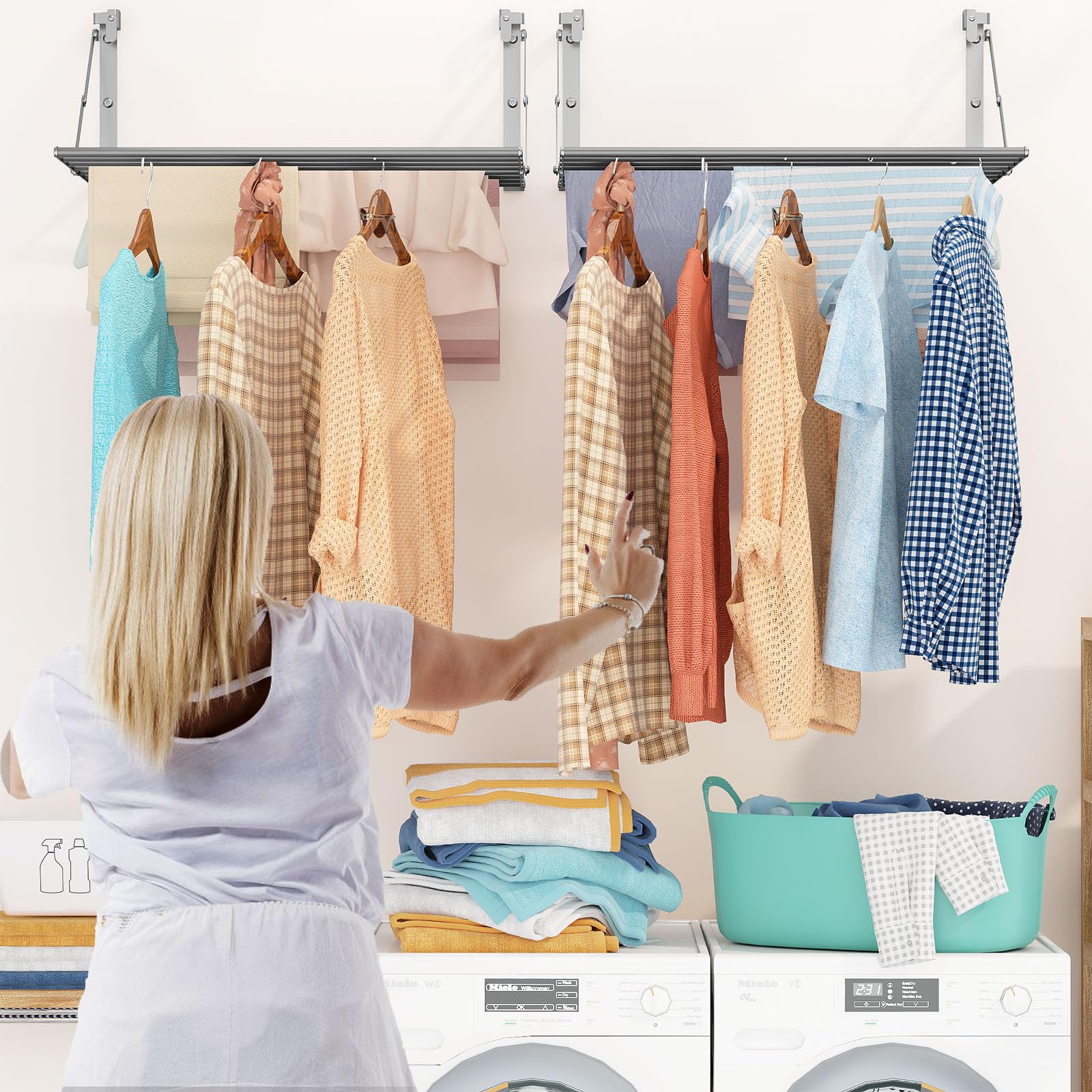 Bigzzia Wall Mounted Clothes Drying Rack, 24Inch Foldable Stainless Steel Drying Rack Clothing, 50 LB Capacity, Space Saver Laundry Rack with 8 Hanging Rods -Silver