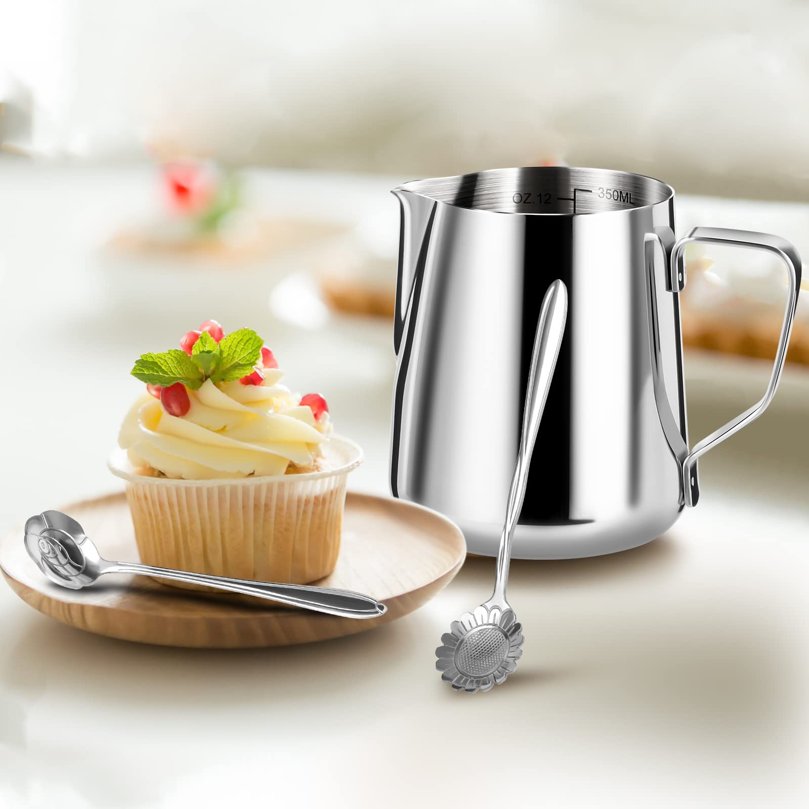 Milk Frothing Pitcher, Espresso Steaming Pitcher 12oz, Espresso Machine Accessories, Stainless Steel Milk Coffee Cappuccino Barista Steam Pitchers Milk Jug Cup with Spoons