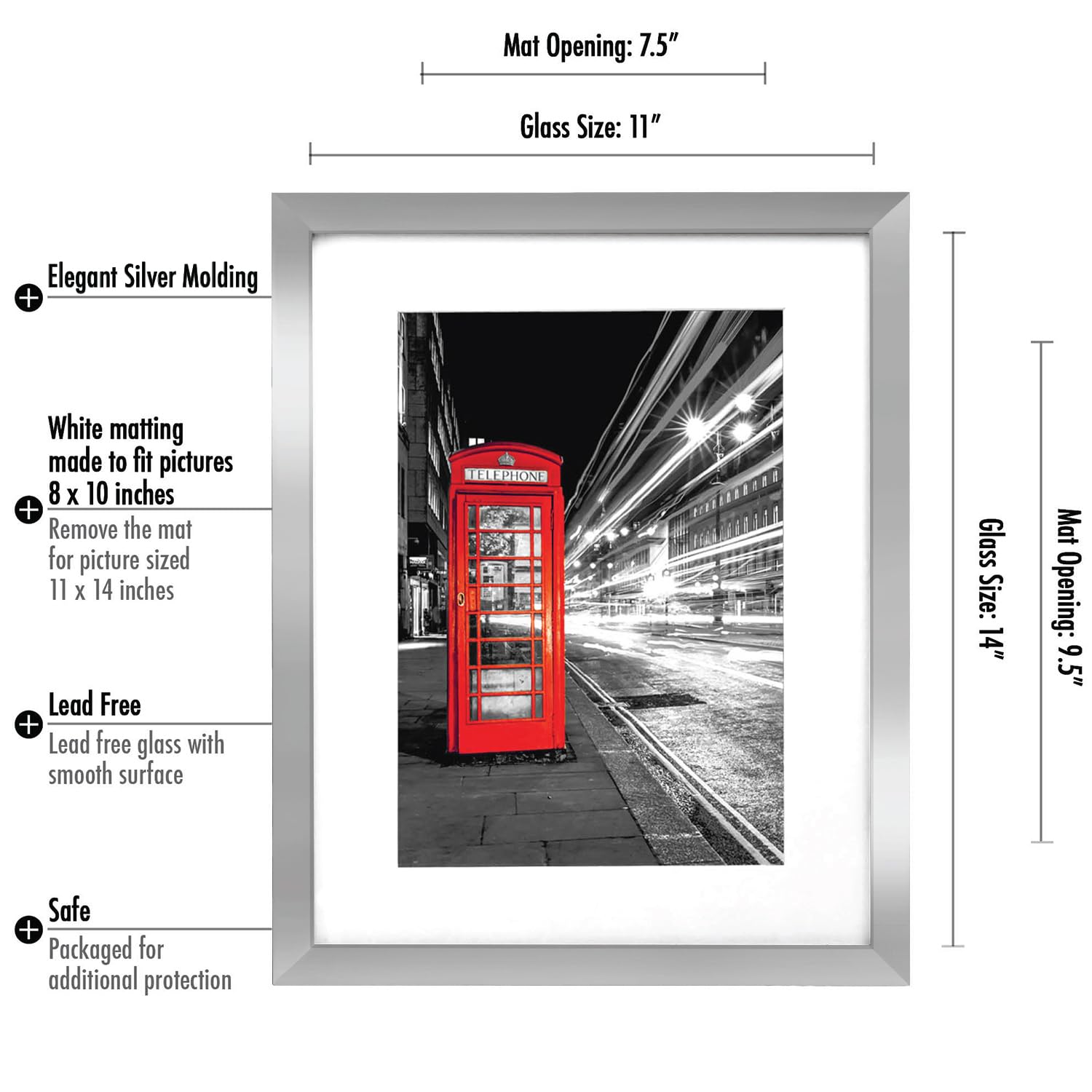 Americanflat 11x14 Picture Frame in Silver - Displays 8x10 with Mat or 11x14 Without Mat - Engineered Wood with Shatter Resistant Glass - Horizontal and Vertical Formats for Wall