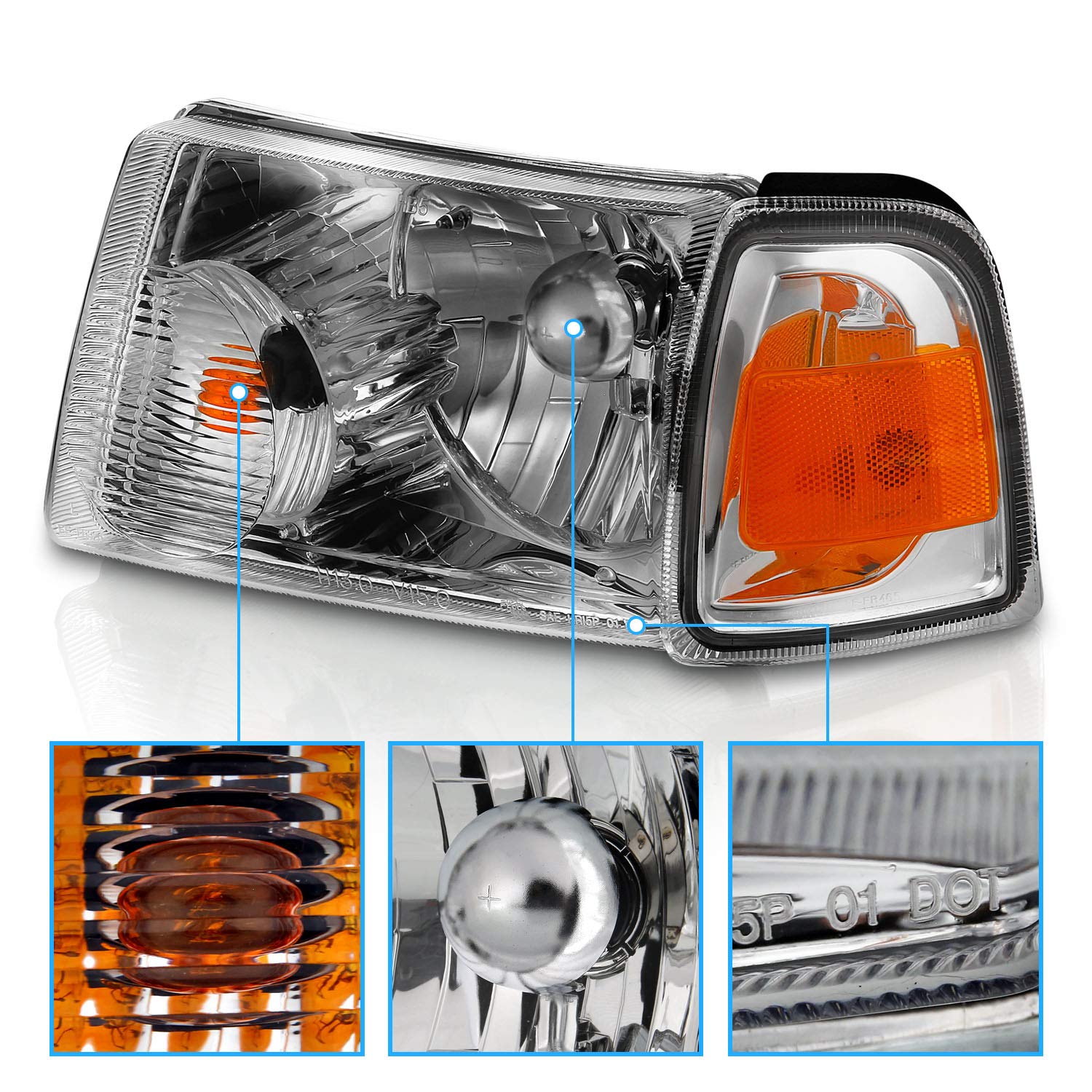 AmeriLite for 2001-2011 Ranger Pickup Truck Chrome Factory Style OE Fitment Replacement Headlights Assembly w/o Corner Lamp Pair - Driver and Passenger Side