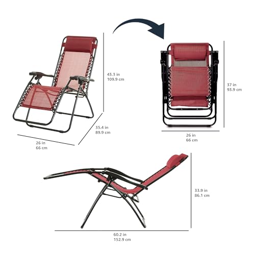 Amazon Basics Outdoor Textilene Adjustable Zero Gravity Folding Reclining 3-Piece Lounge Chair Set with Side Table, 37 x 10 x 26 inches, Red