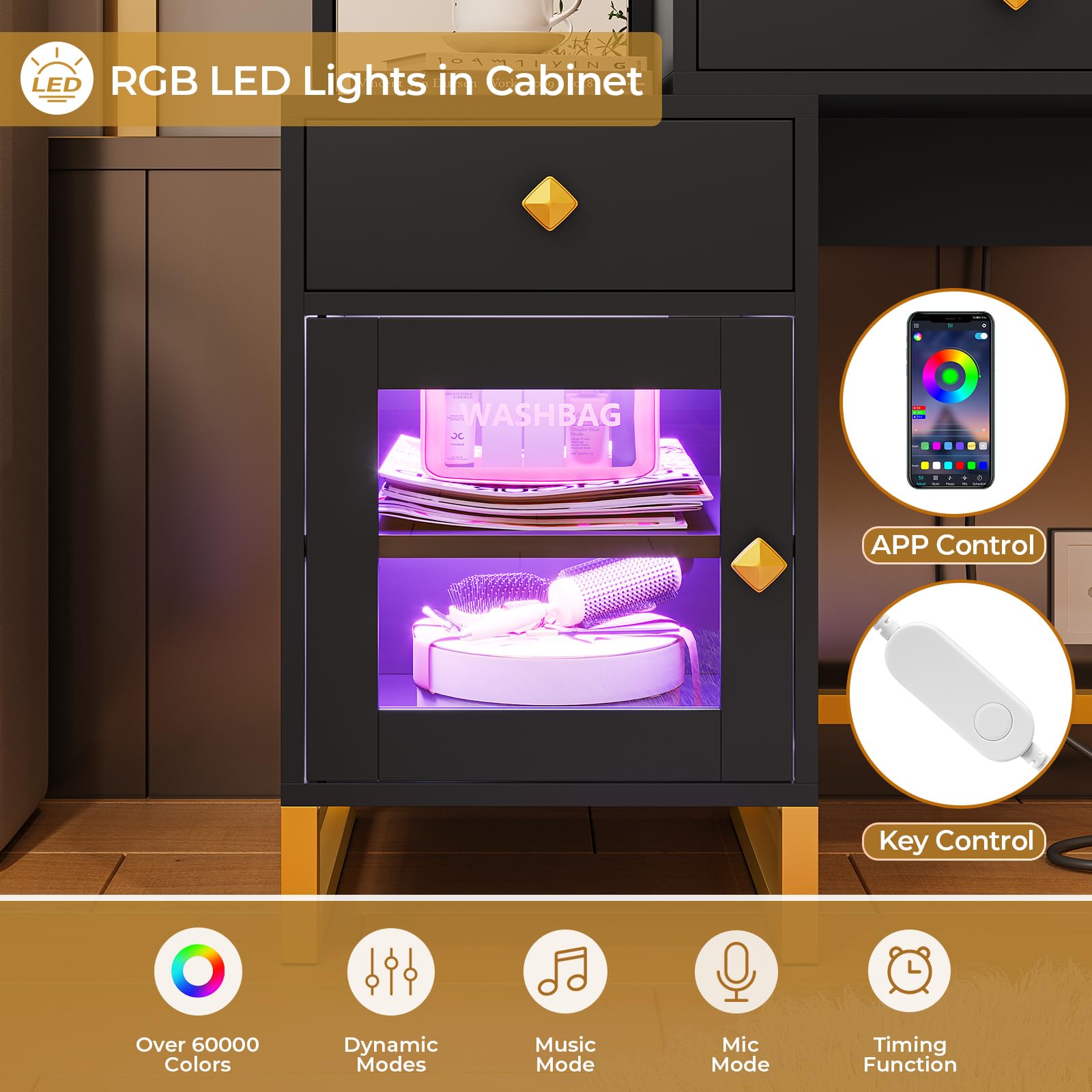 BTHFST Vanity Desk with Lighted Mirror & Jewelry Storage, Makeup Vanity with Lights & Charging Station & Full Length Mirror, Vanity Table with Drawers & Shelves & RGB Cabinet, White and Gold