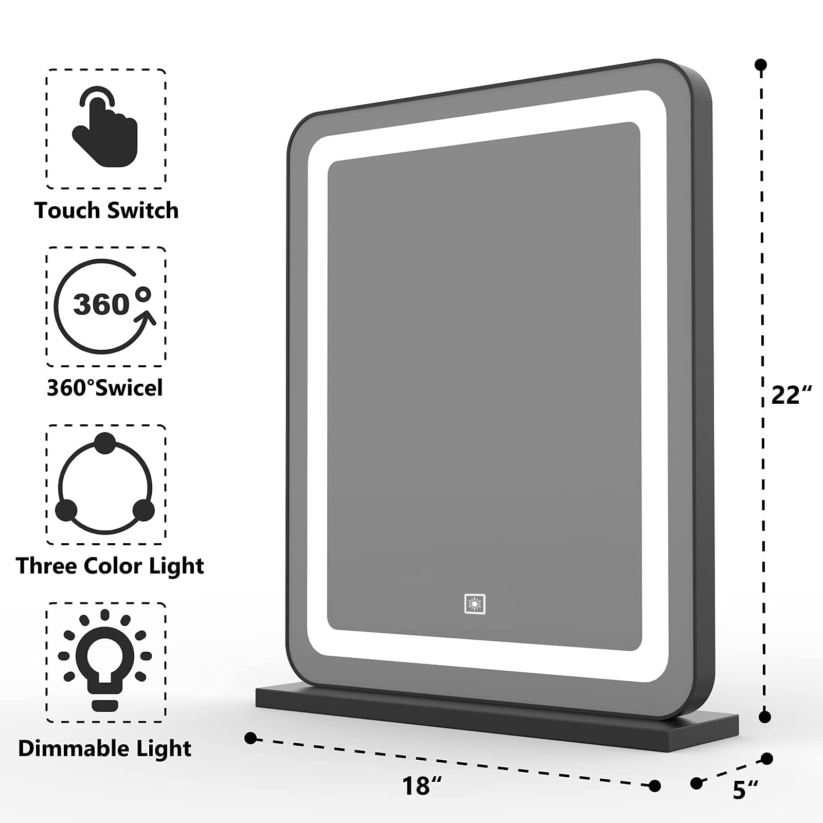 BARMI Vanity Mirror with Lights,18"x22" Lighting Dimmable LED Mirror, 3 Color Lighting Modes, Tabletop Vanity Makeup Mirror Smart Touch Control (Black)