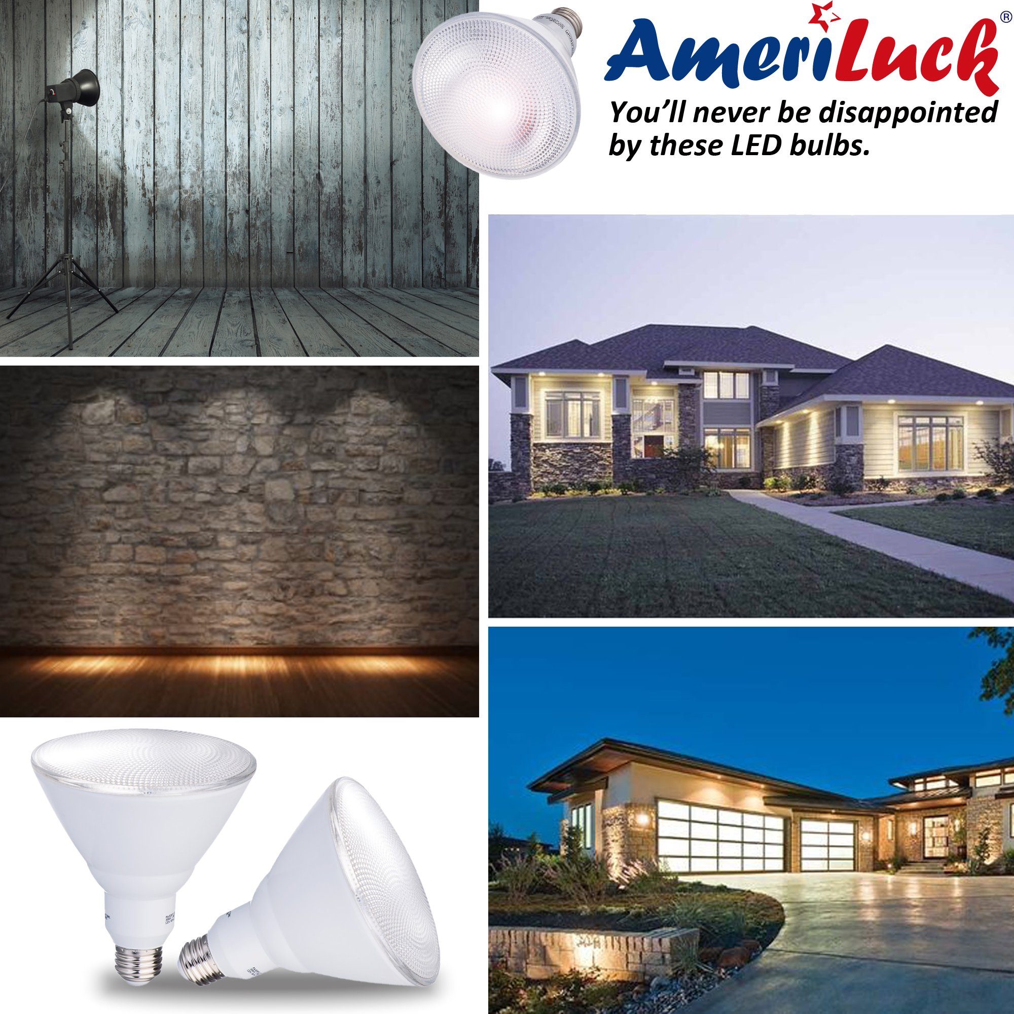 AmeriLuck 5000K Daylight Outdoor PAR38 LED Flood Light Bulb, 90W Equiv. 13W Non-Dimmable (2 Pack) (PAR38 2 Pack, 5000K)