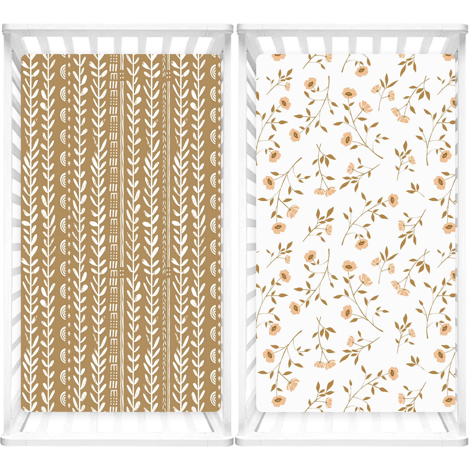 Bassinet Sheets for Baby Girl Boy 2 Pack, Soft Jersey Knit Bassinet Fitted Sheets Universal for Oval, Rectangle or Hourglass Bassinet Mattress, Retro Brown Flower