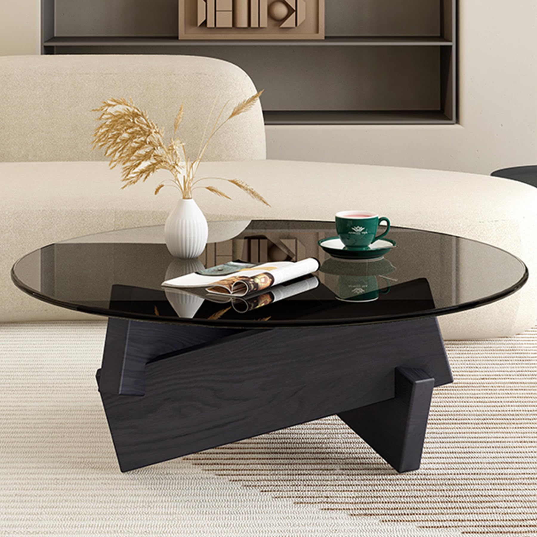 Coffee Table, Round Coffee Table for Living Room Modern Glass Coffee Table with Solid Wood Legs Farmhouse Mid Century Center Table Large Circle Cocktail Table (Black + Brown, 31.5in)