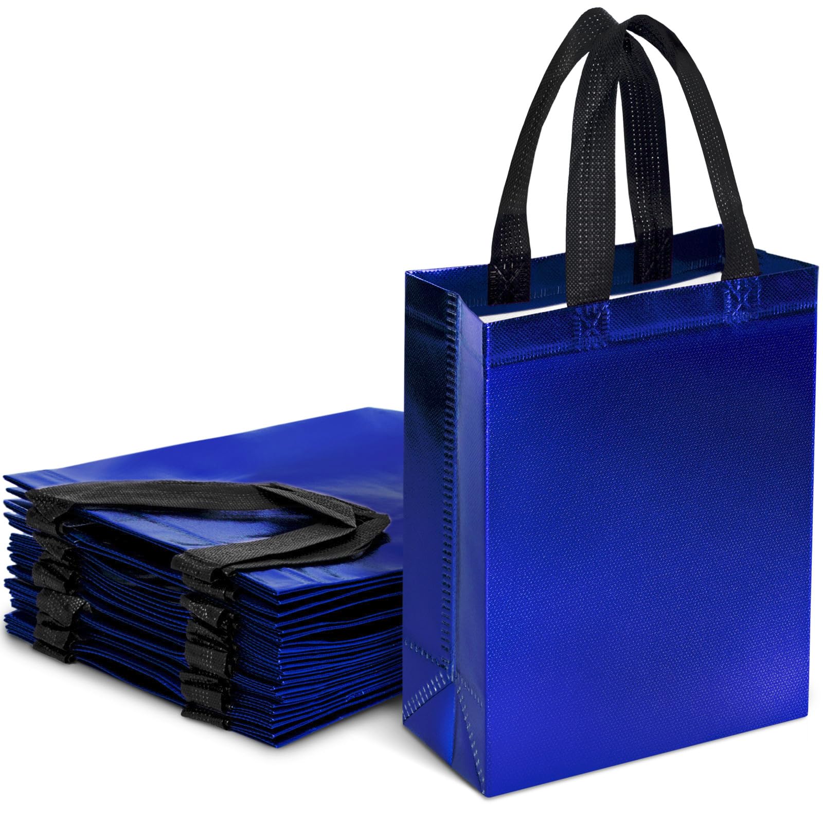 LovesTown 16PCS Blue Shiny Gift Bags, Goodie Bags Party Favor Bags Glossy Tote Bags Medium Size for Wedding Birthday Graduation (8"x 4"x 10")