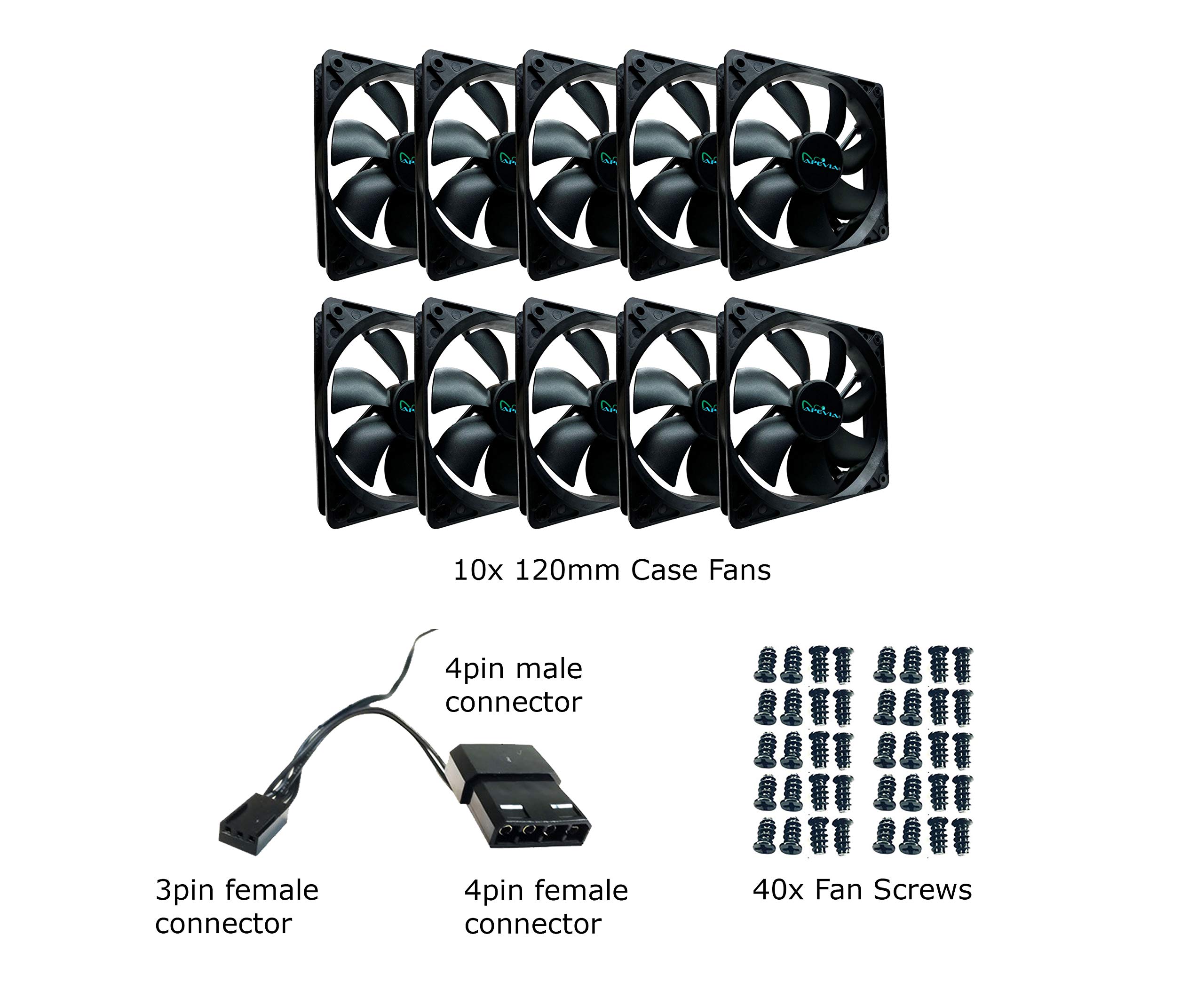 Apevia CF1012S-BK 120mm 4pin Molex & 3pin Motherboard Black Silent Case Fan (10-pk)