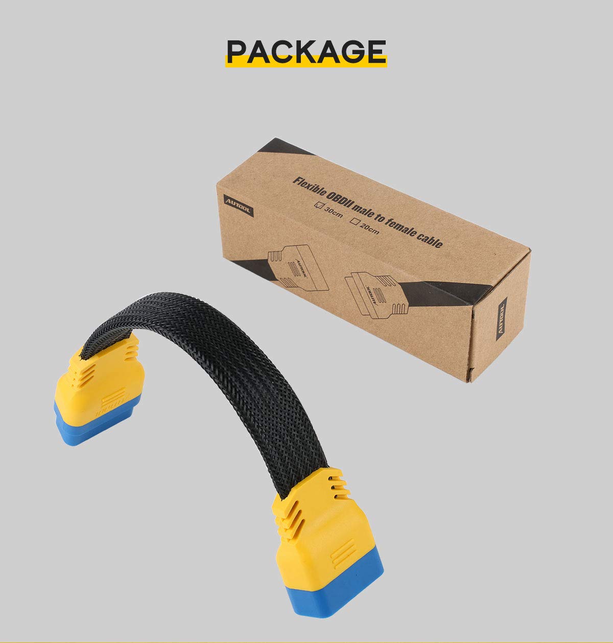 AUTOOL OBDII 16 Pin Male to Female Extension Cable Adapter, Car OBD Diagnostic Extender Cord OBD2 Connecto (Thicken Nylon Material) (30CM)