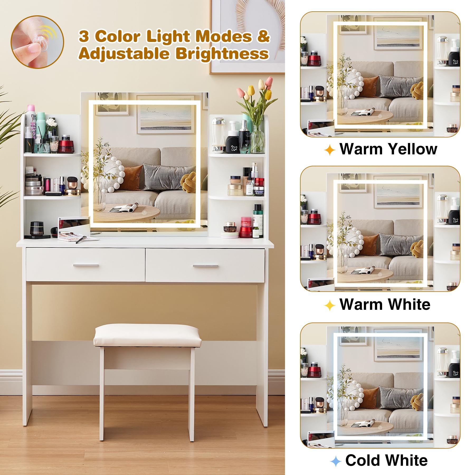 AKVOMBI Corner Vanity Desk with Lighted Mirror, Makeup Vanity with 5 Rotating Drawers, Dressing Table and Chair,3-Fold Mirror, Adjustable Brightness, White 43β L