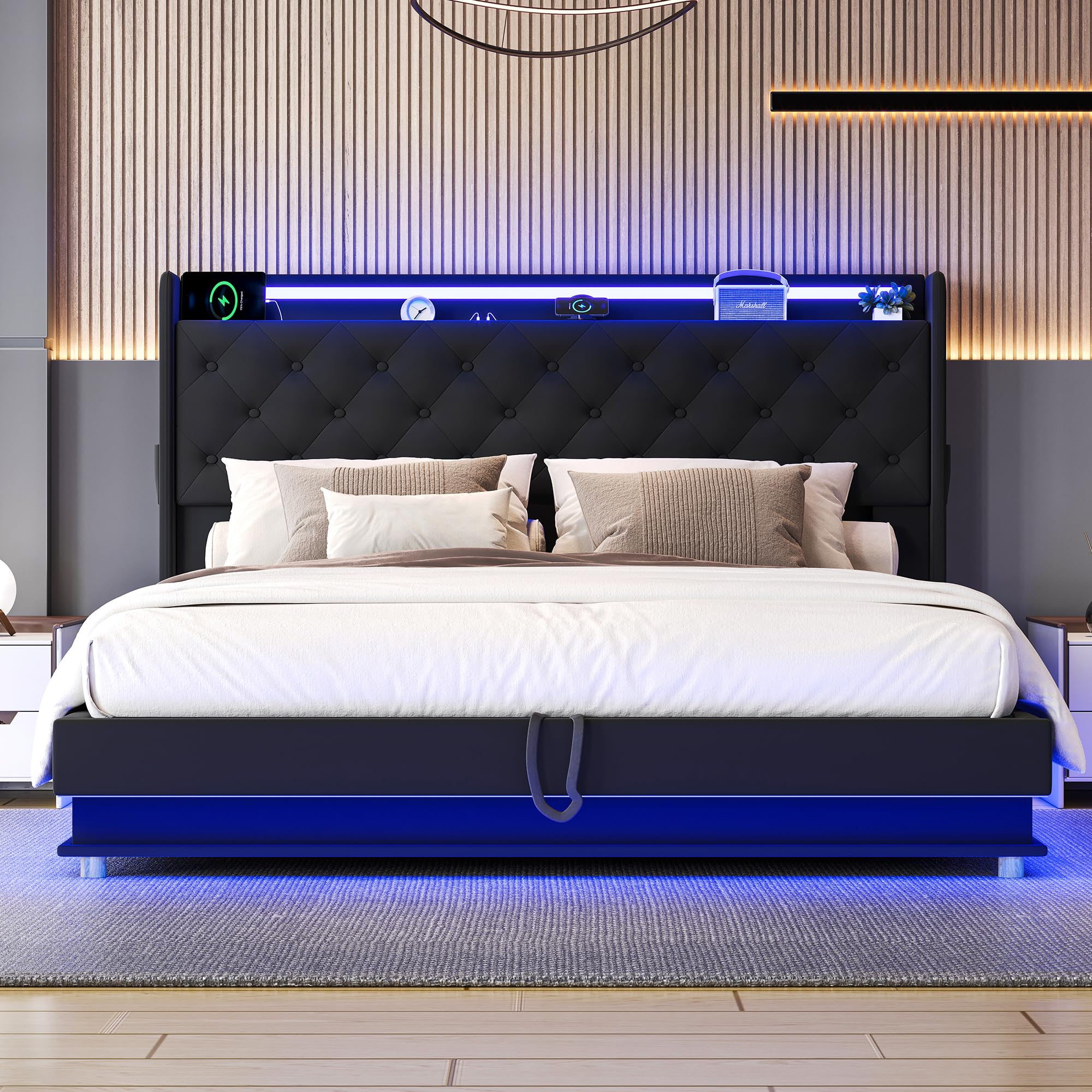 Ailisite King Size Lift Up Storage Bed Frame with Wingback Led Headboard, Upholstered Platform Bed Frame with Hydraulic Lifting Storage&Charging Station, No Spring Box Needed Wood Slats Support