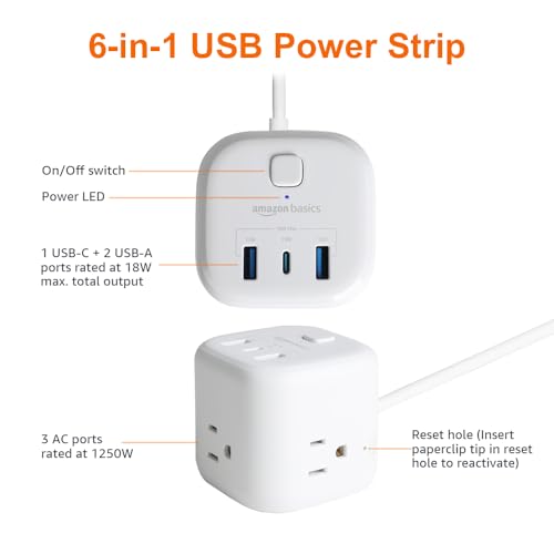Amazon Basics Power Strip Cube 3 Outlet 3 USB Ports, 1 USB-C(15W) and 2 USB-A(12W), 5 ft Extension Cord, Home, Office, Travel, White