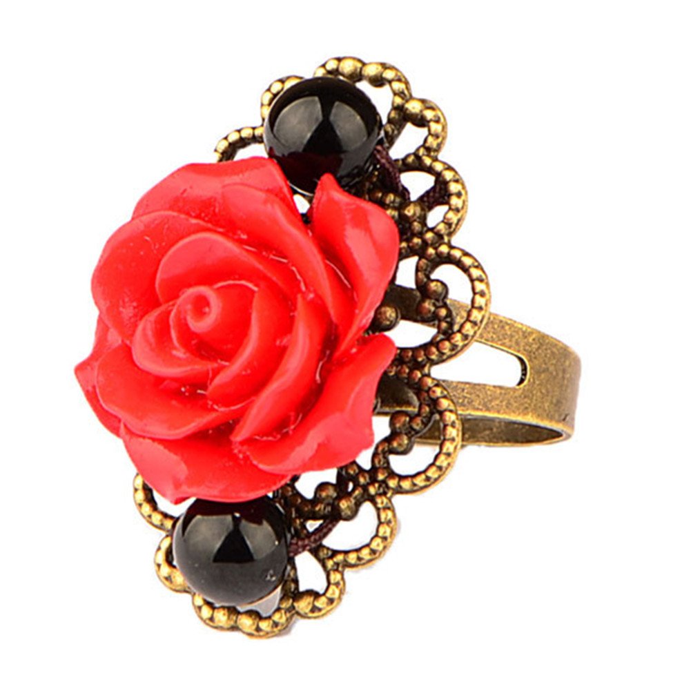 Antique bronze Colored Black Onyx agate With Big Red Rose Flower Women Open Band Ring,Adjustable