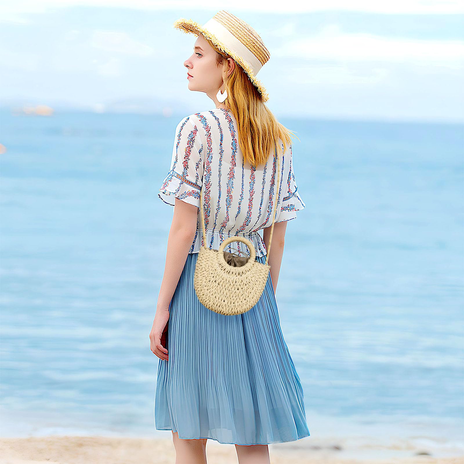 FENBEN Women Straw Crossbody Bag Summer Beach Weave Shoulder Bag Rattan (Beige)