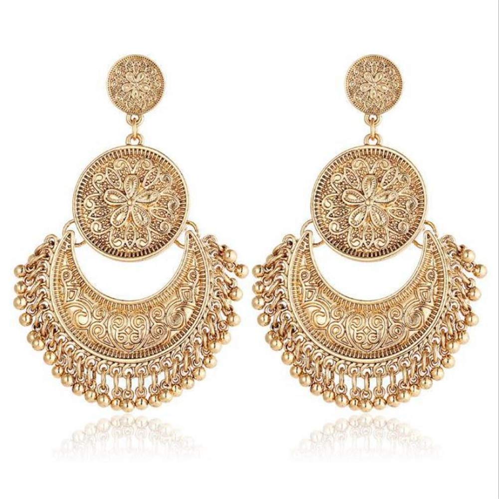 Antique Ethnic Brocade Mexico Gypsy Engraved Lotus Hook Dangle Earrings for Women-gold