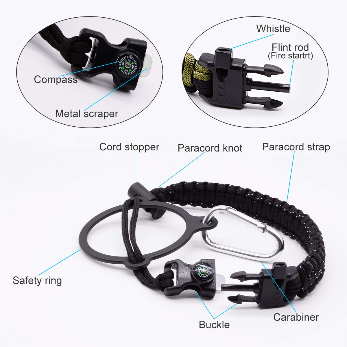 Affute Paracord Handle for Hydroflask Wide Mouth Bottles, with Safety Ring and Carabiner, Plus one Protective Silicone Sleeve, Best Value Set (32-40oz, Black)