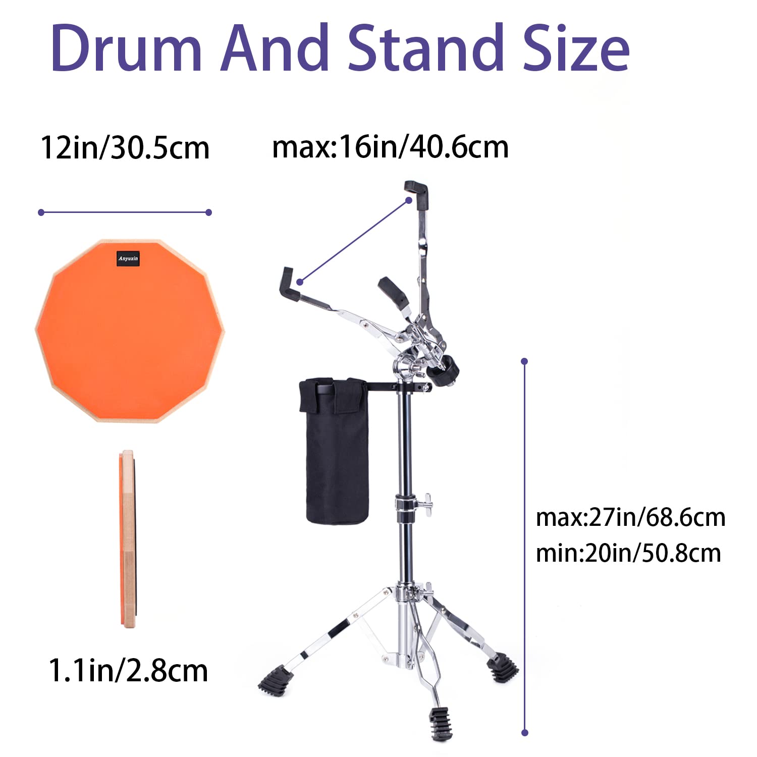 Anyuxin Drum Practice Pad Snare Drum Stand Set, 12 Inch Double Sided Silent Practice Pad with Drum Sticks, Drumstick Holder, Carrying Bag, Adjustable Stand(Fits 10''-14'' Drums) Orange