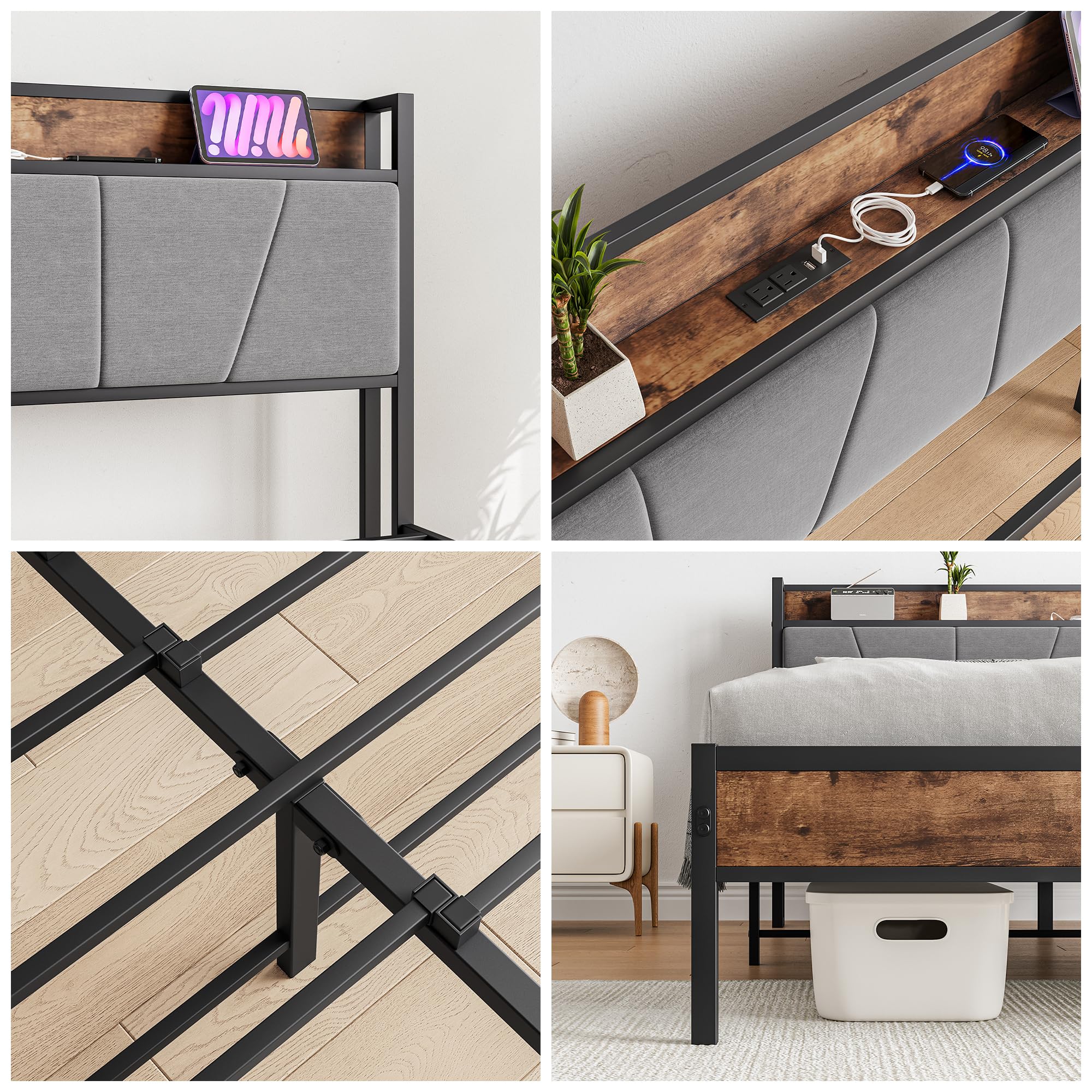 BOFENG Queen Size Bed Frame with Storage Headboard/Charging Station,Heavy Duty Metal Upholstered Platform Bed Frames Queen Size with Storage No Box Spring Needed,Strong Metal Slats,Noise Free,Brown
