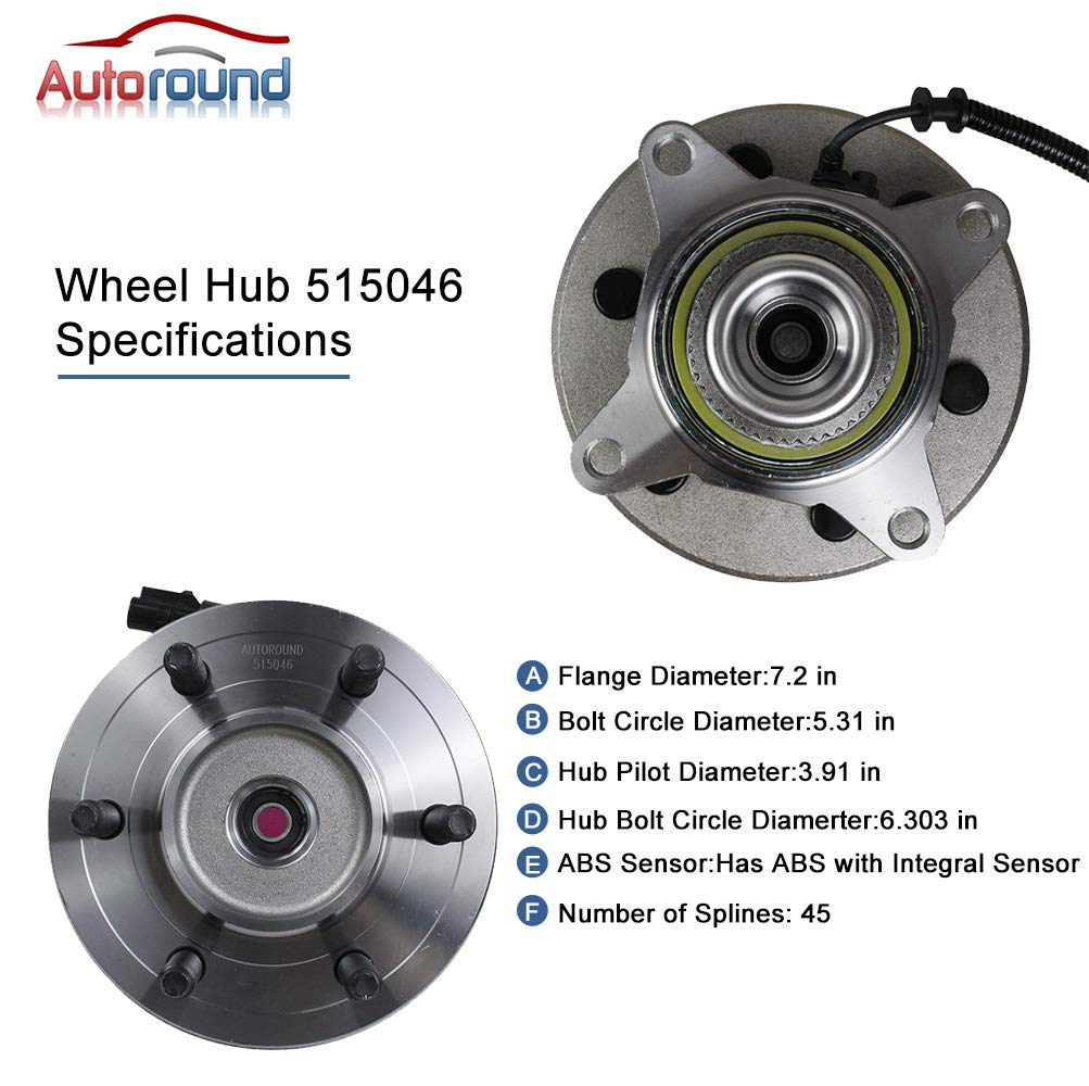 Autoround 515046 [2-Pack, 4x4] Front Wheel Hub and Bearing Assembly Compatible with 2004 2005 Ford F-150 4WD, Both Driver Passenger Side, 6 Lug w/ABS